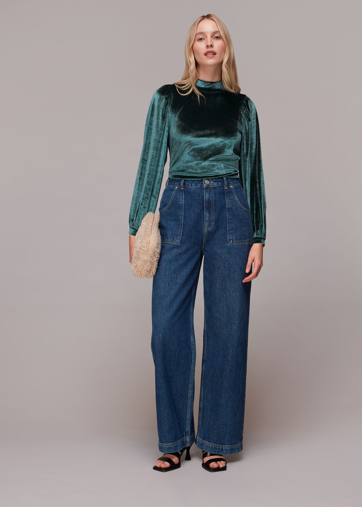 Dark Green High Neck Velvet Top | WHISTLES | Whistles UK