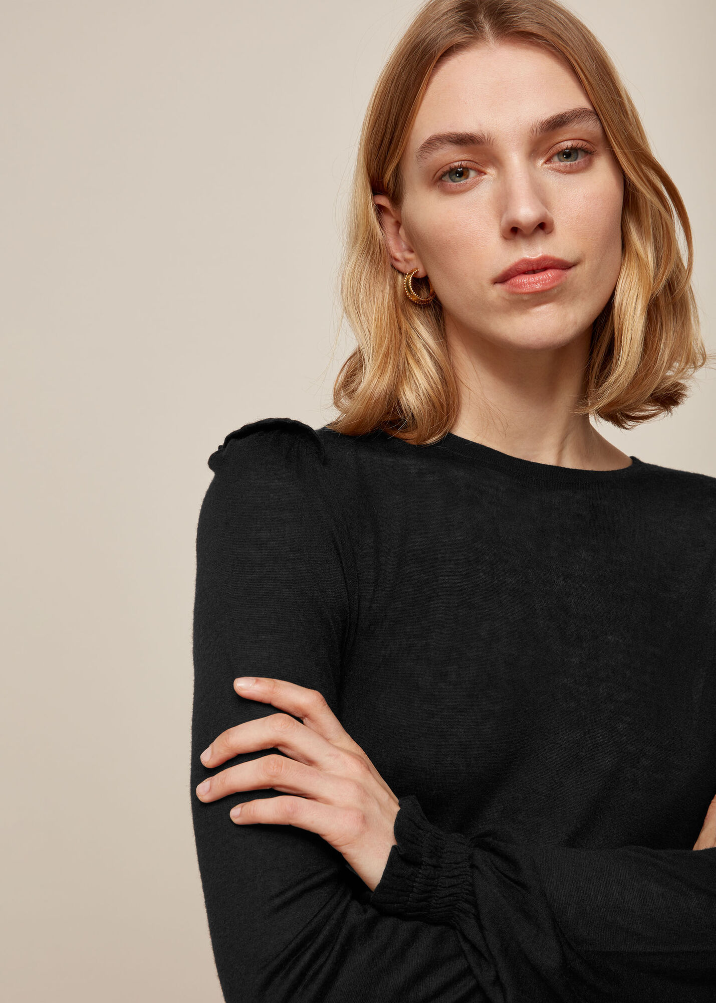 Black Wool Frill Cuff Top | WHISTLES