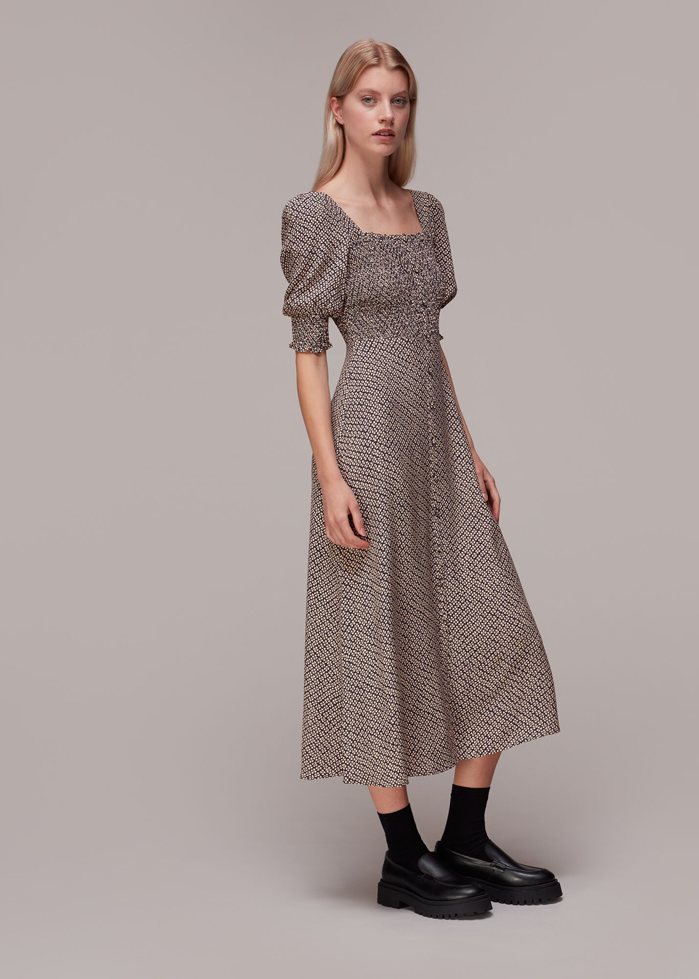 Navy/Multi Clover Print Shirred Dress | WHISTLES | Whistles UK