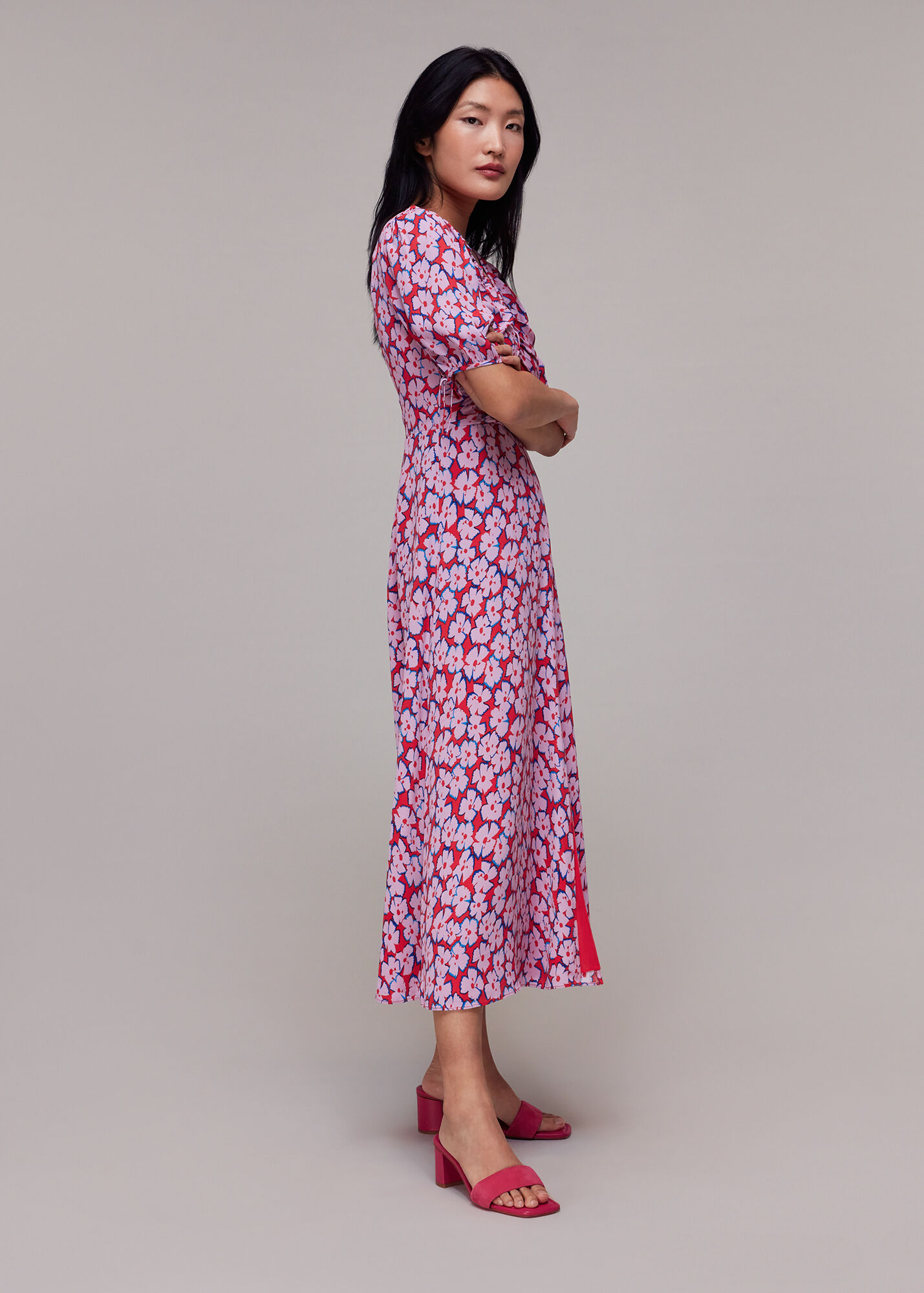 Pink/Multi Farfalle Flower Midi Dress | WHISTLES | Whistles UK