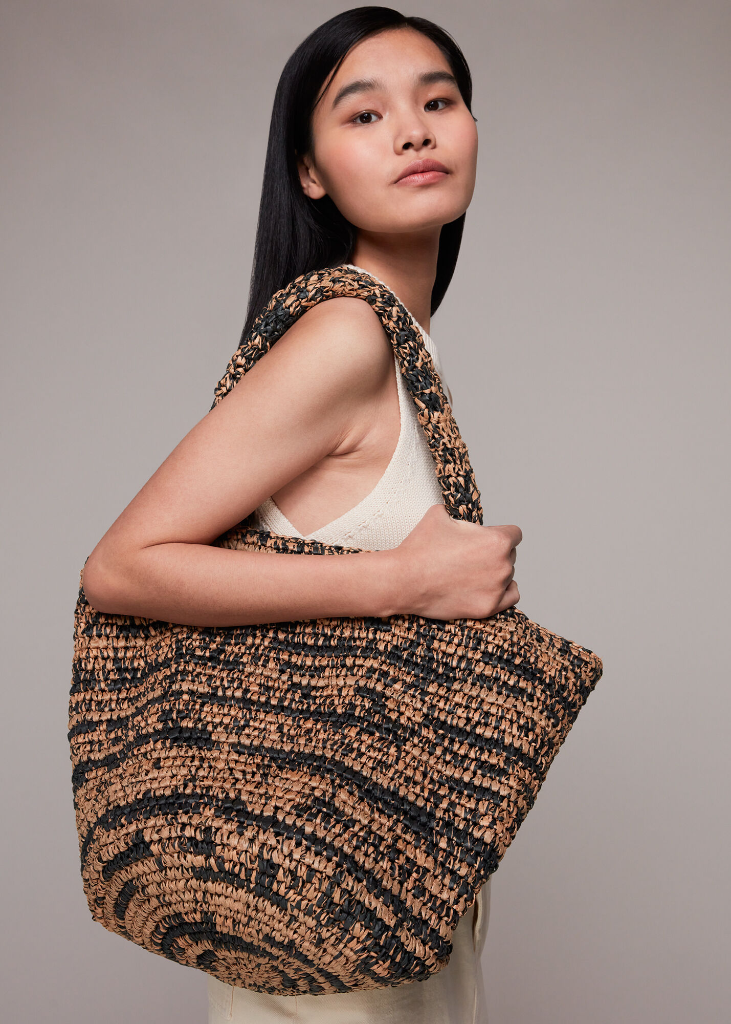 Brown Renee Paper Weave Tote | WHISTLES | Whistles UK