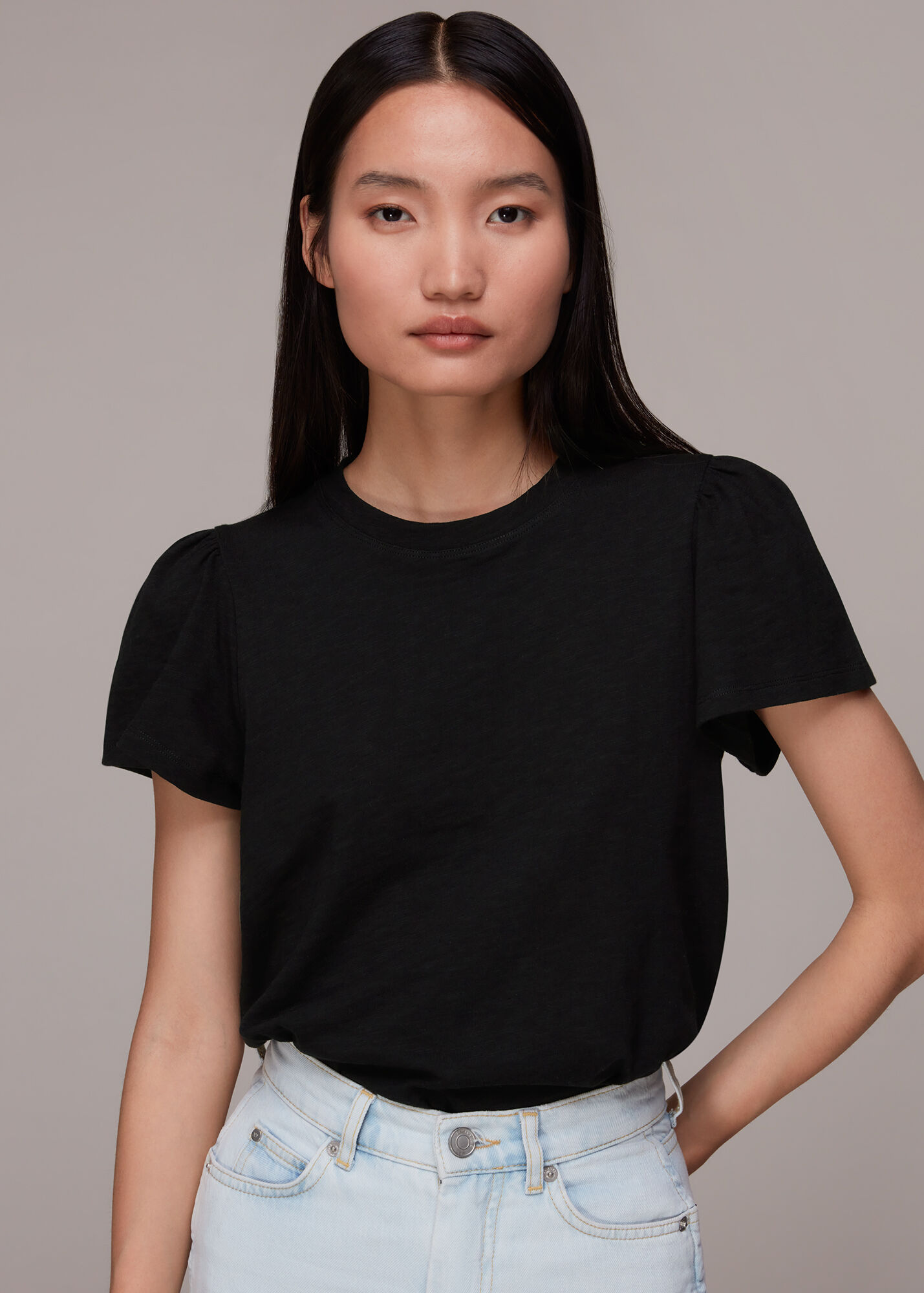 Black Cotton Frill Sleeve T Shirt | WHISTLES
