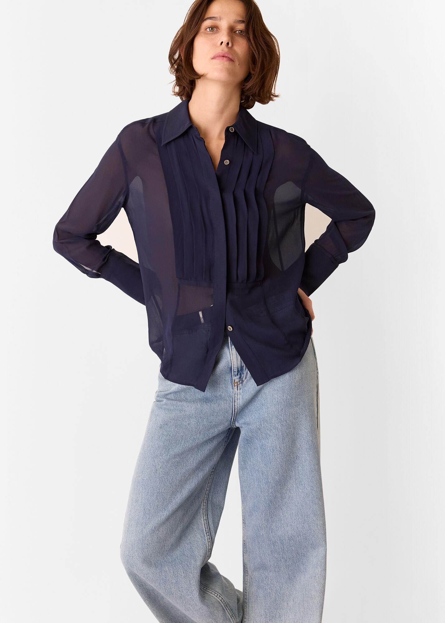 Navy Maya Pintuck Detail Blouse | WHISTLES | Whistles UK
