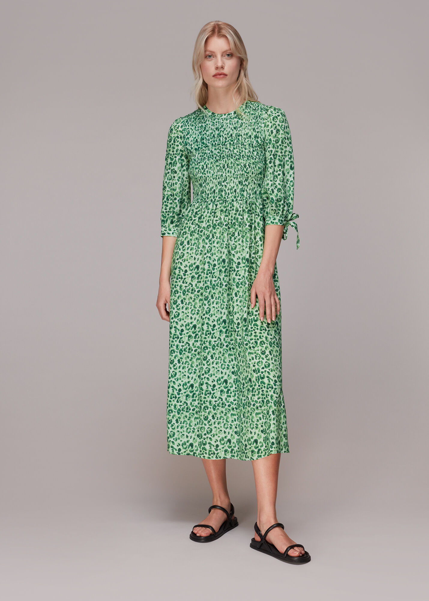 Green/Multi Cheetah Print Shirred Dress | WHISTLES | Whistles UK