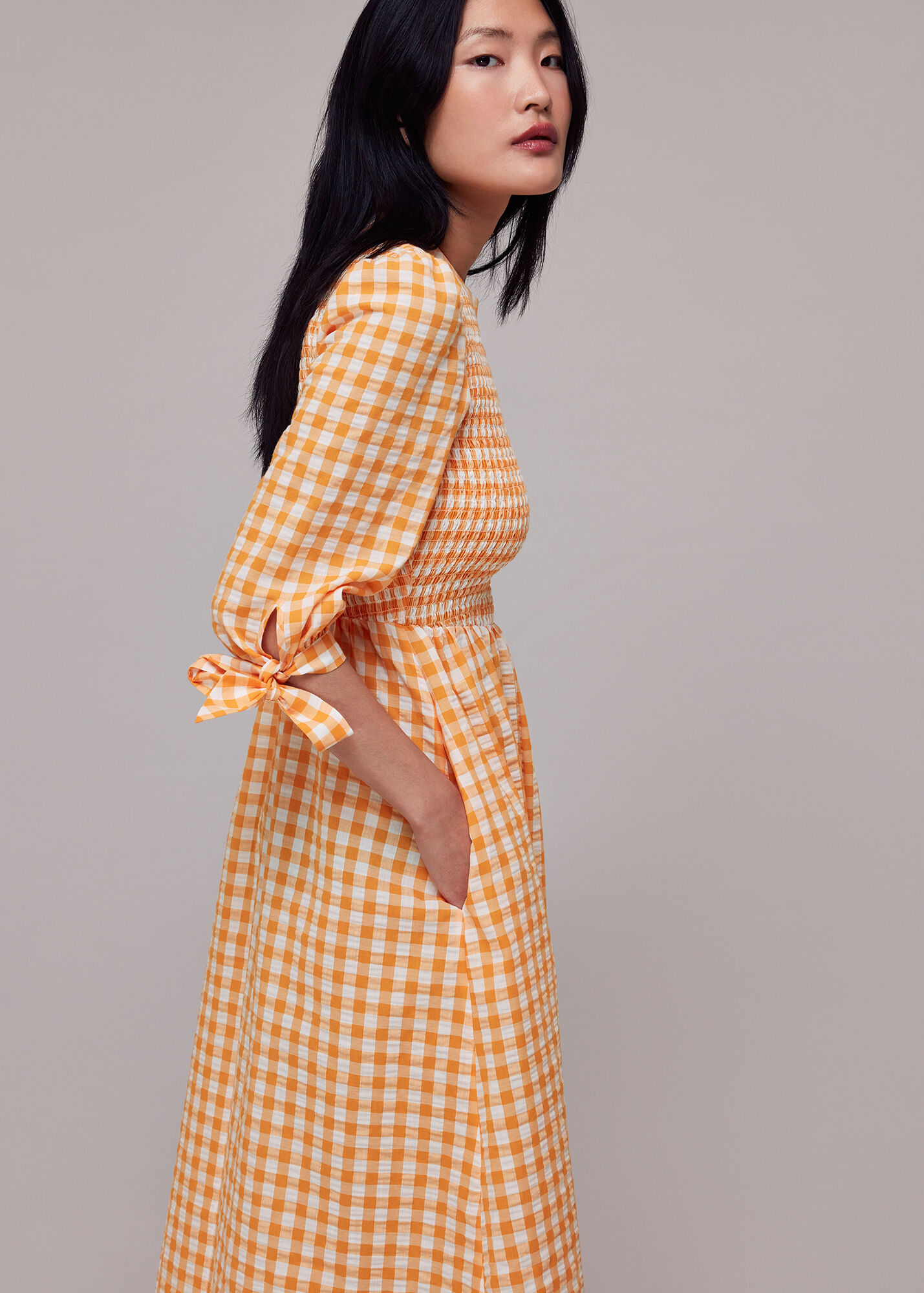 Orange/Multi Gingham Check Shirred Dress | WHISTLES | Whistles UK