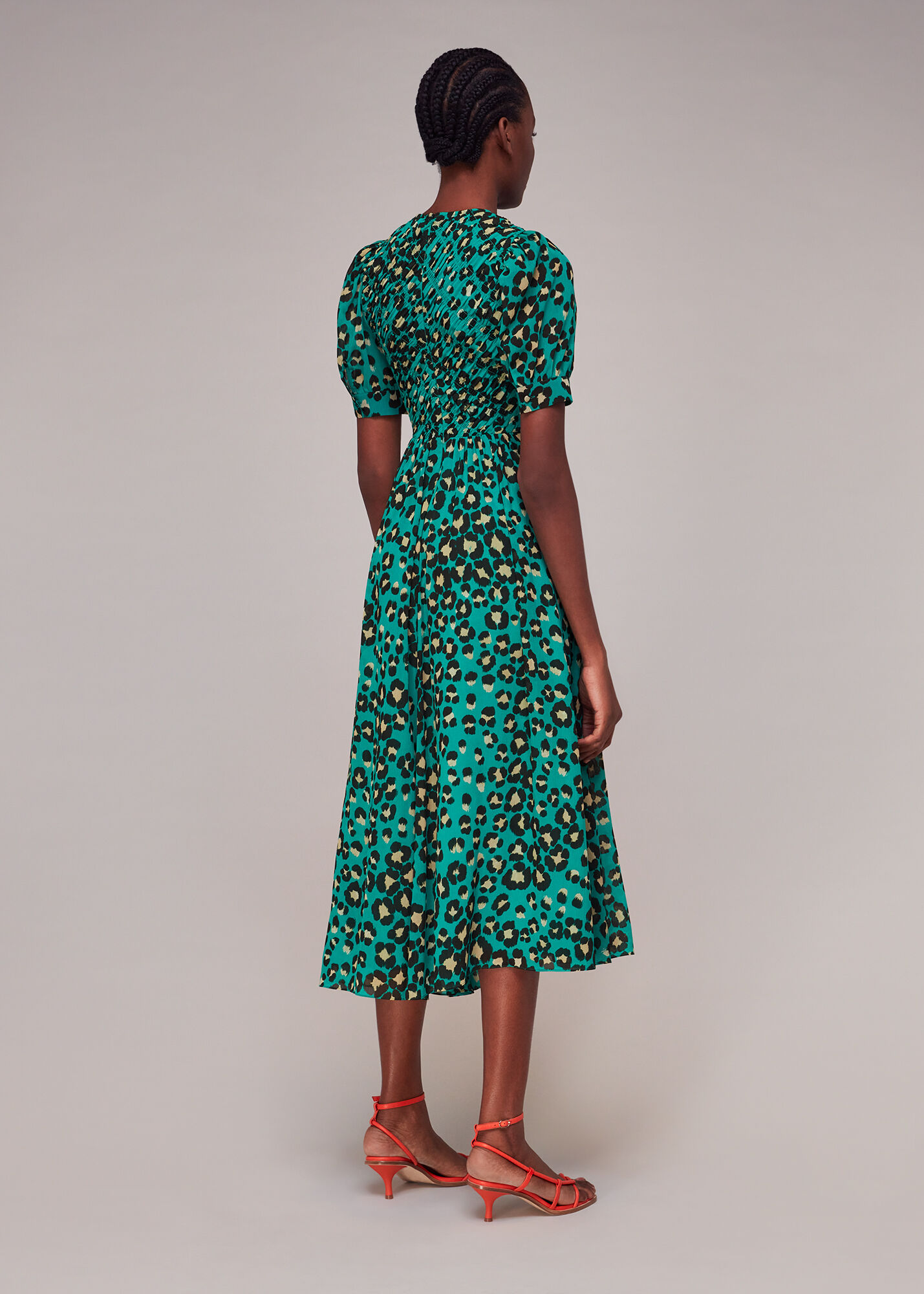 Green/Multi Painted Leopard Shirred Dress | WHISTLES | Whistles UK