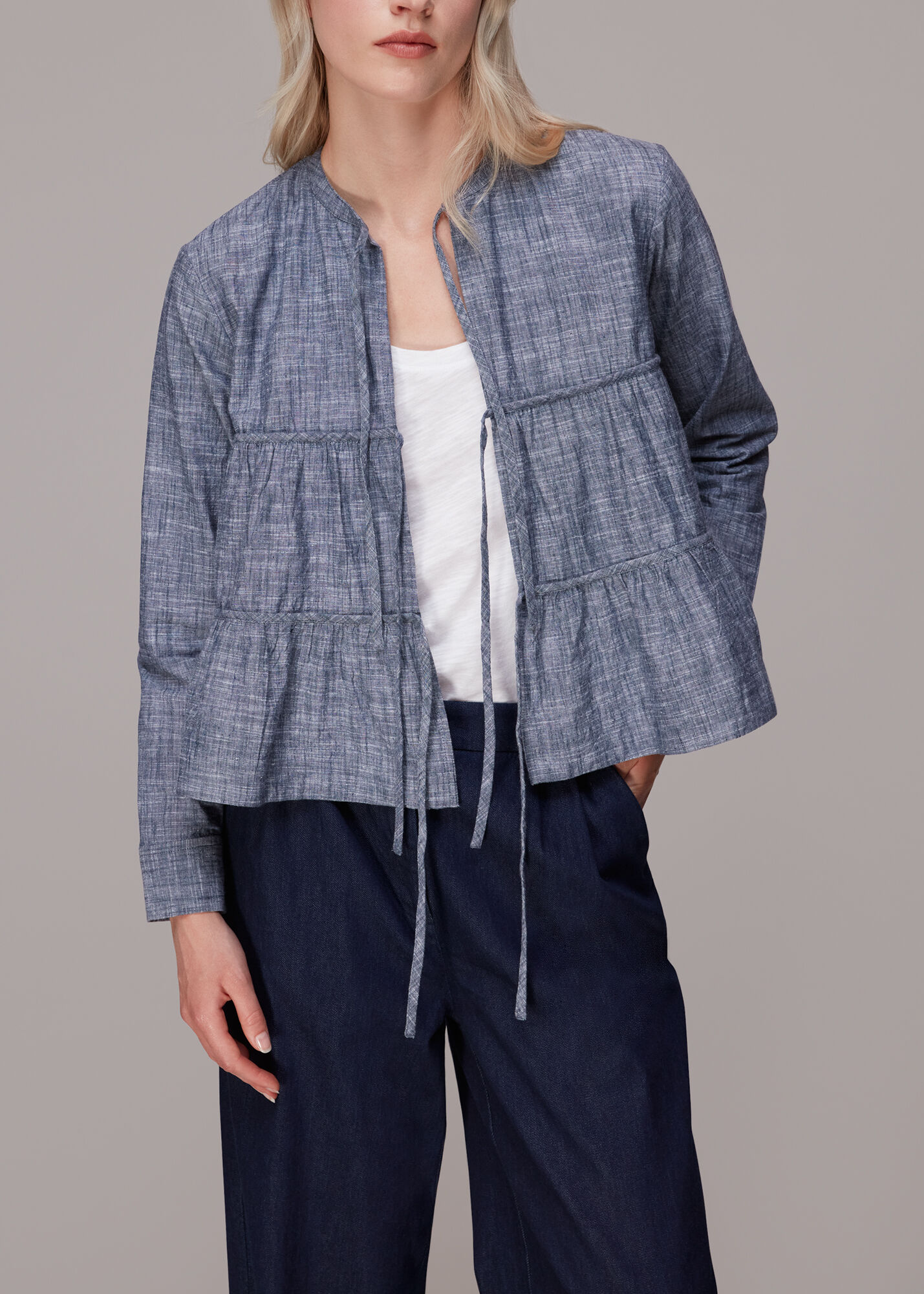 Denim Tie Tier Front Jacket | WHISTLES | Whistles UK