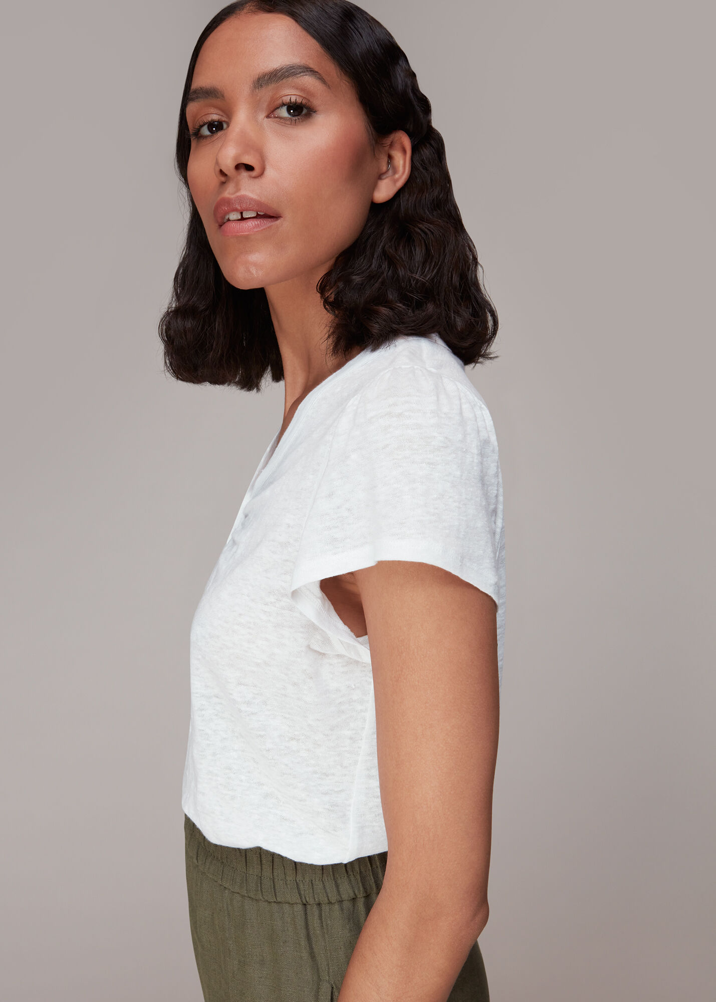 White Cada Button Linen Mix Tee | WHISTLES | Whistles UK