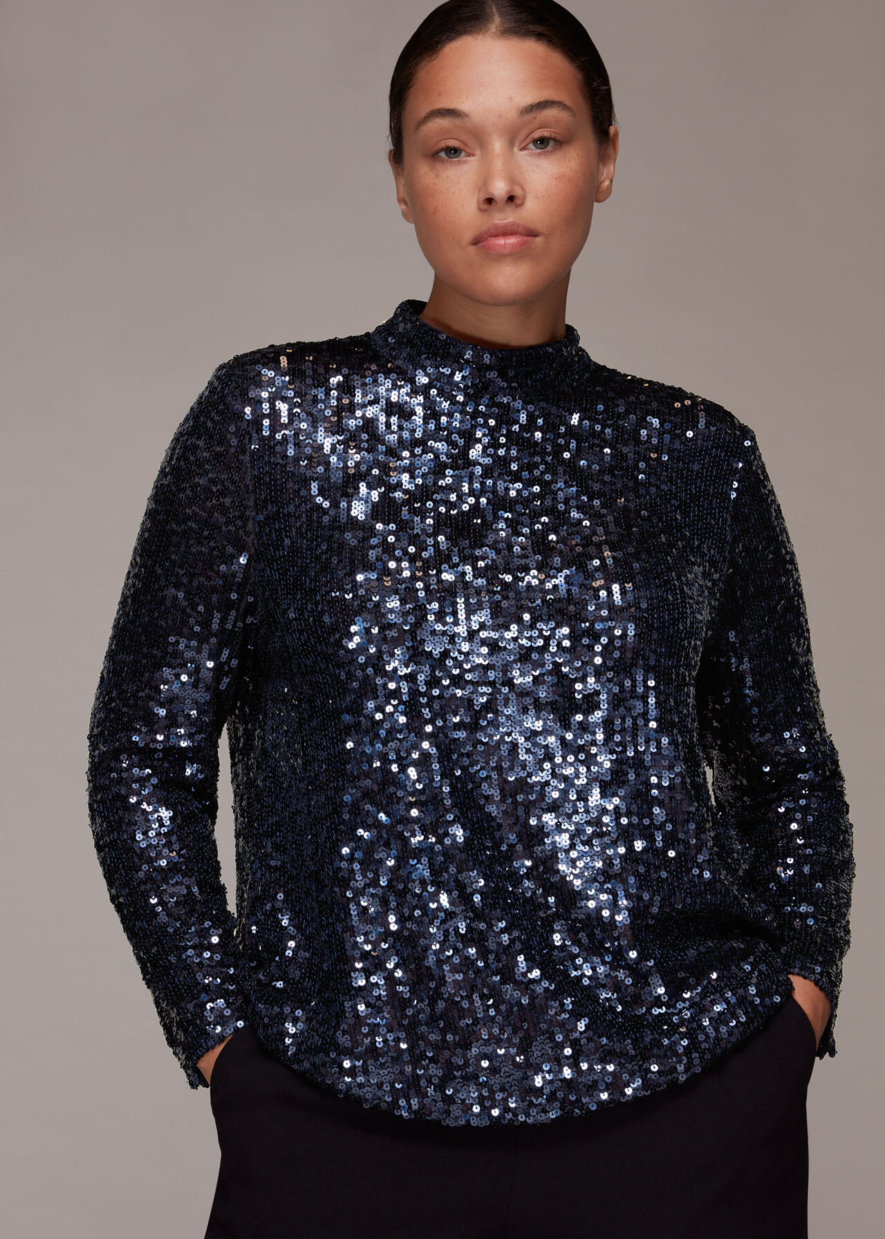 Navy High Neck Sequin Top | WHISTLES