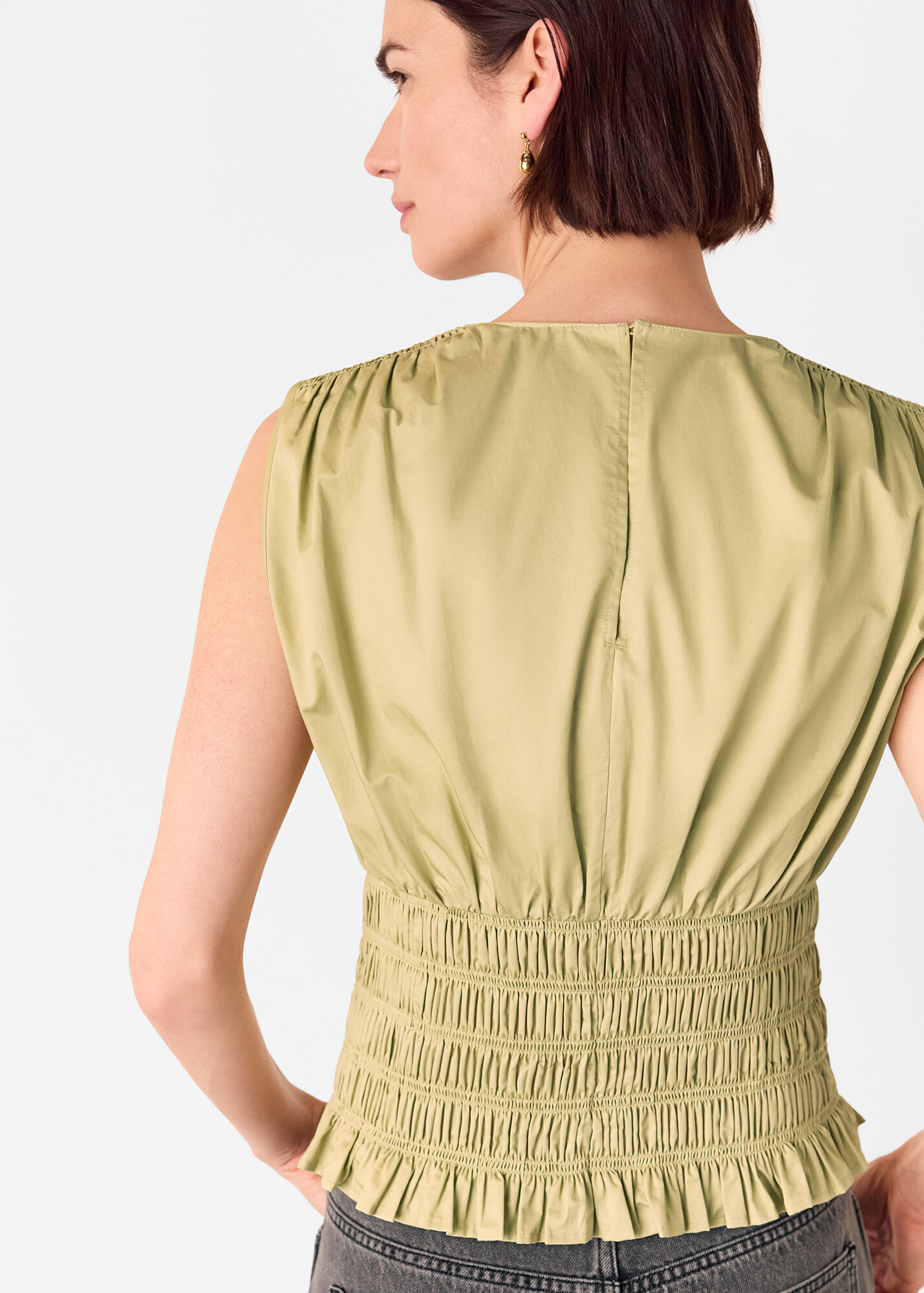 Olive Cotton Shirred Tank | WHISTLES | Whistles UK