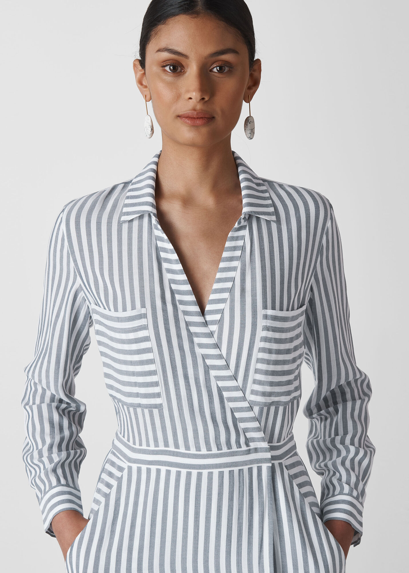 Grey/Multi Stripe Wrap Shirt Dress | WHISTLES | Whistles UK