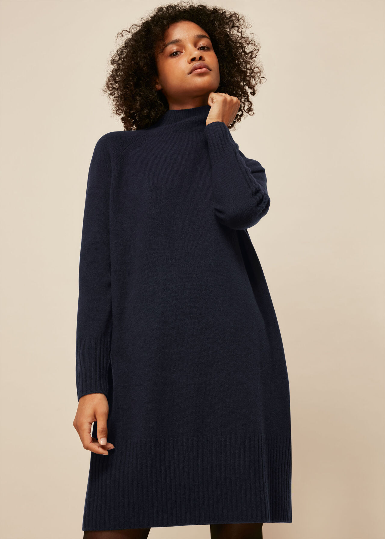 Navy Funnel Neck Knitted Dress | WHISTLES | Whistles US
