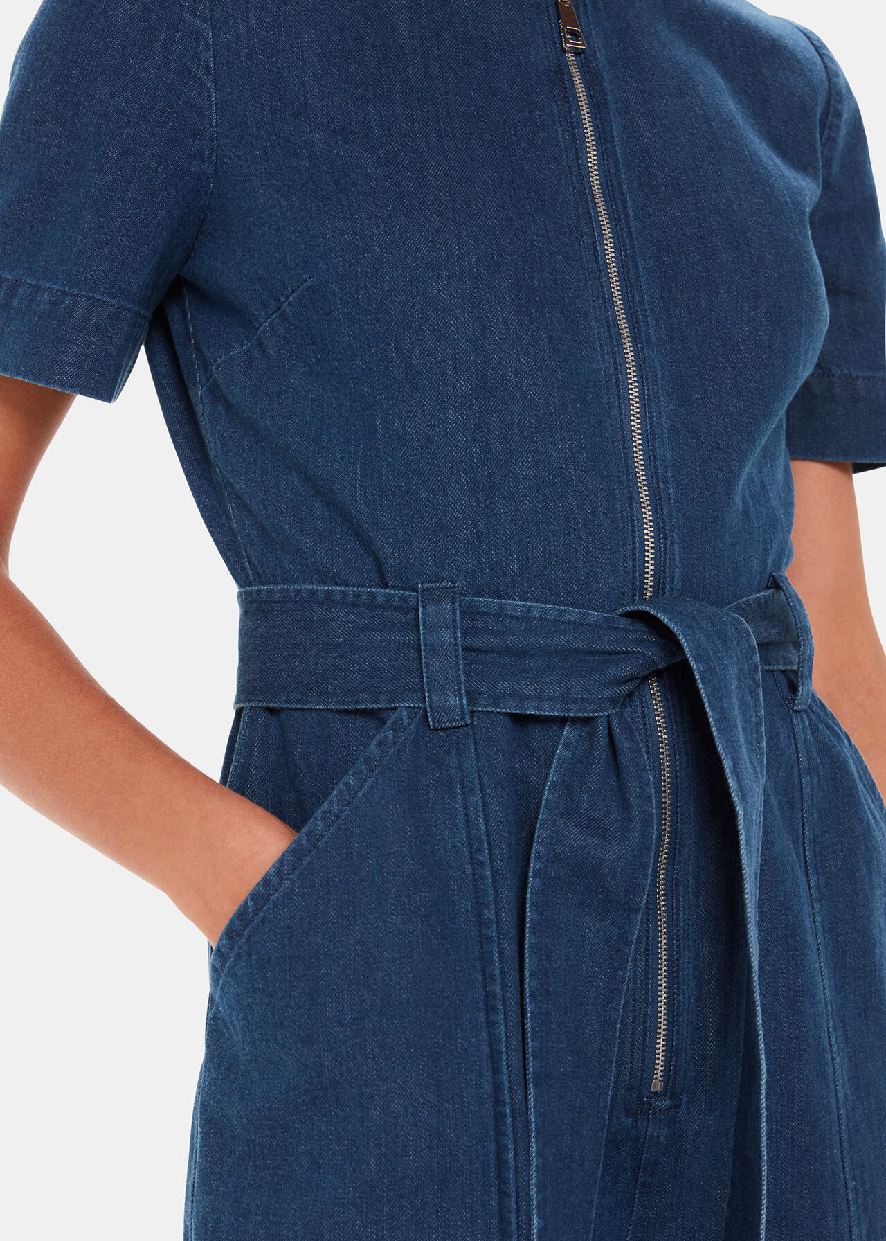 Blue Denim Short Sleeve Front Zip Jumpsuit Whistles Uk