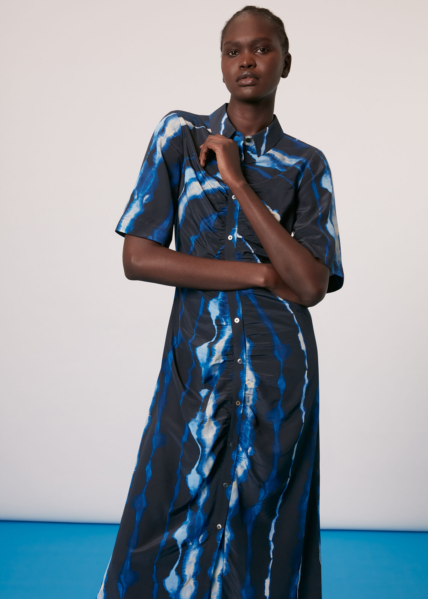 Blue/Multi Shibori Print Silk Midi Dress | WHISTLES | Whistles UK
