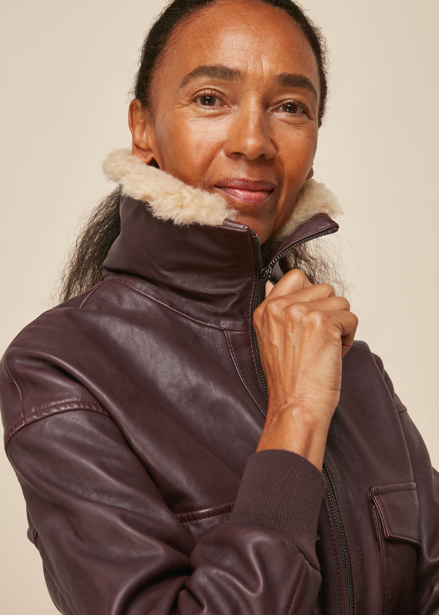 Burgundy Shearling Collar Bomber Jacket | WHISTLES | Whistles UK