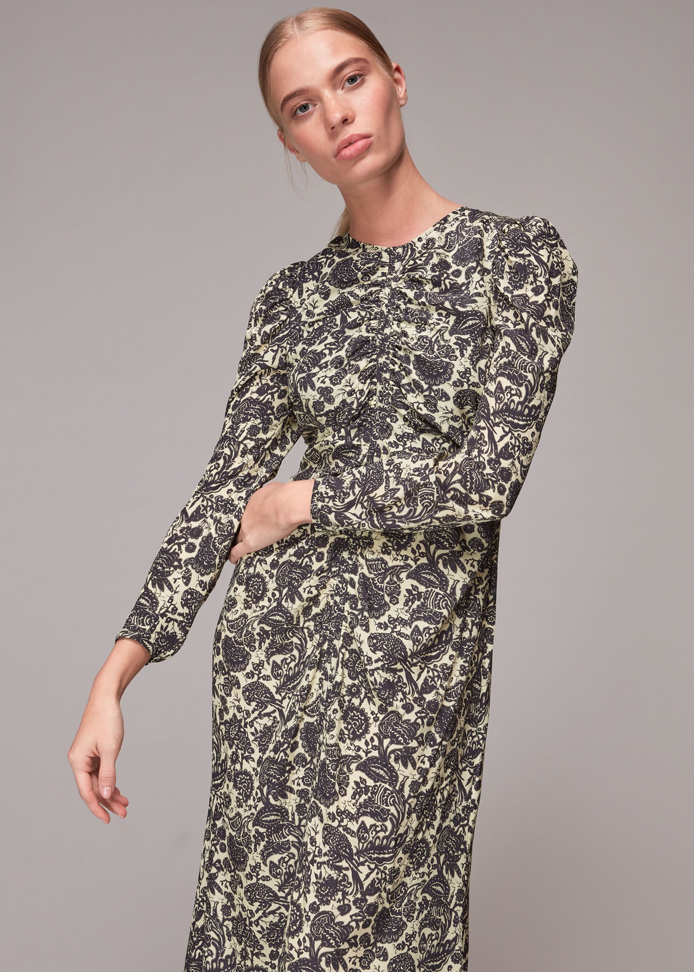 Multicolour Folk Floral Silk Ruched Dress | WHISTLES | Whistles UK
