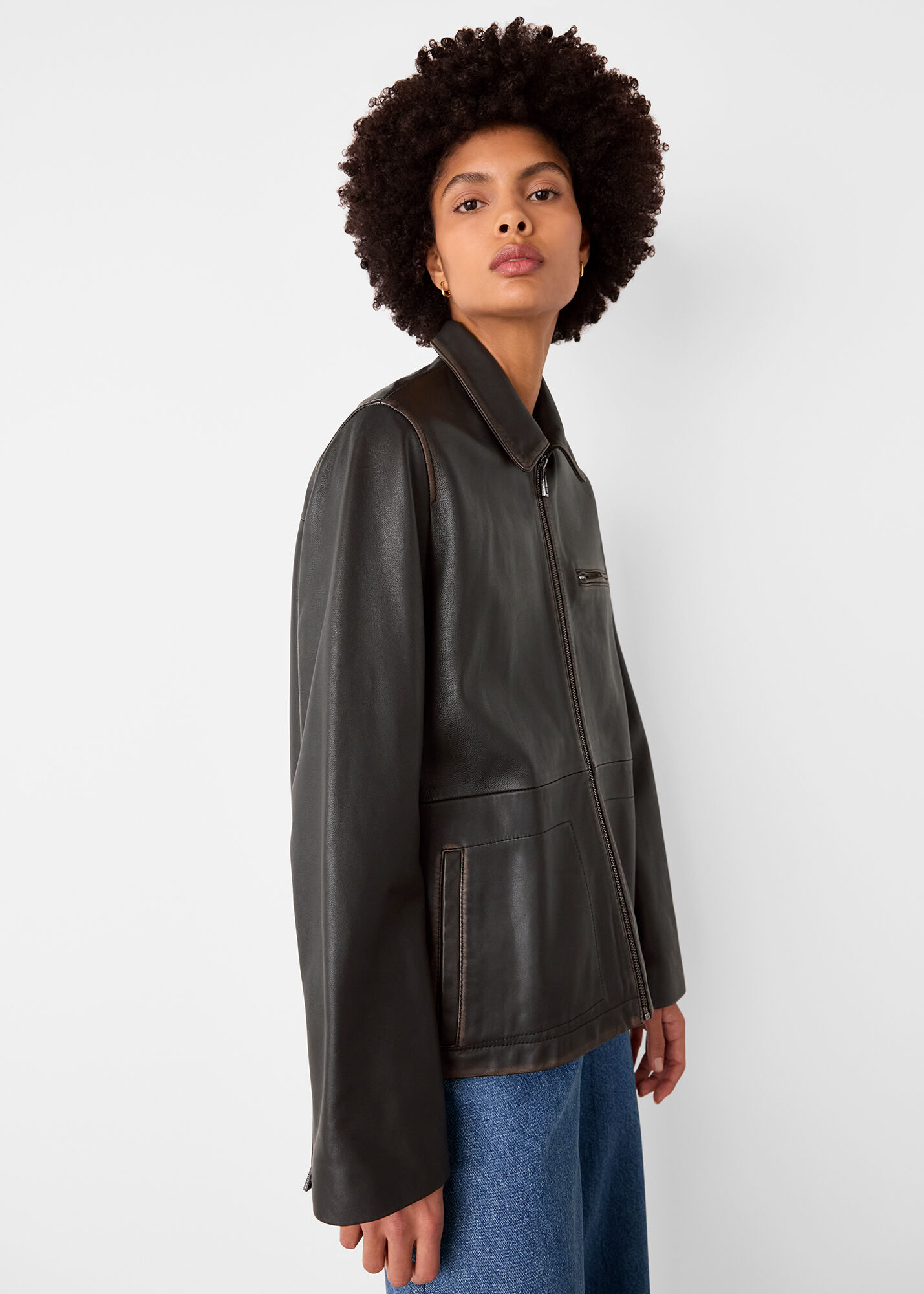 Brown Kate Burnished Leather Jacket | WHISTLES | Whistles US