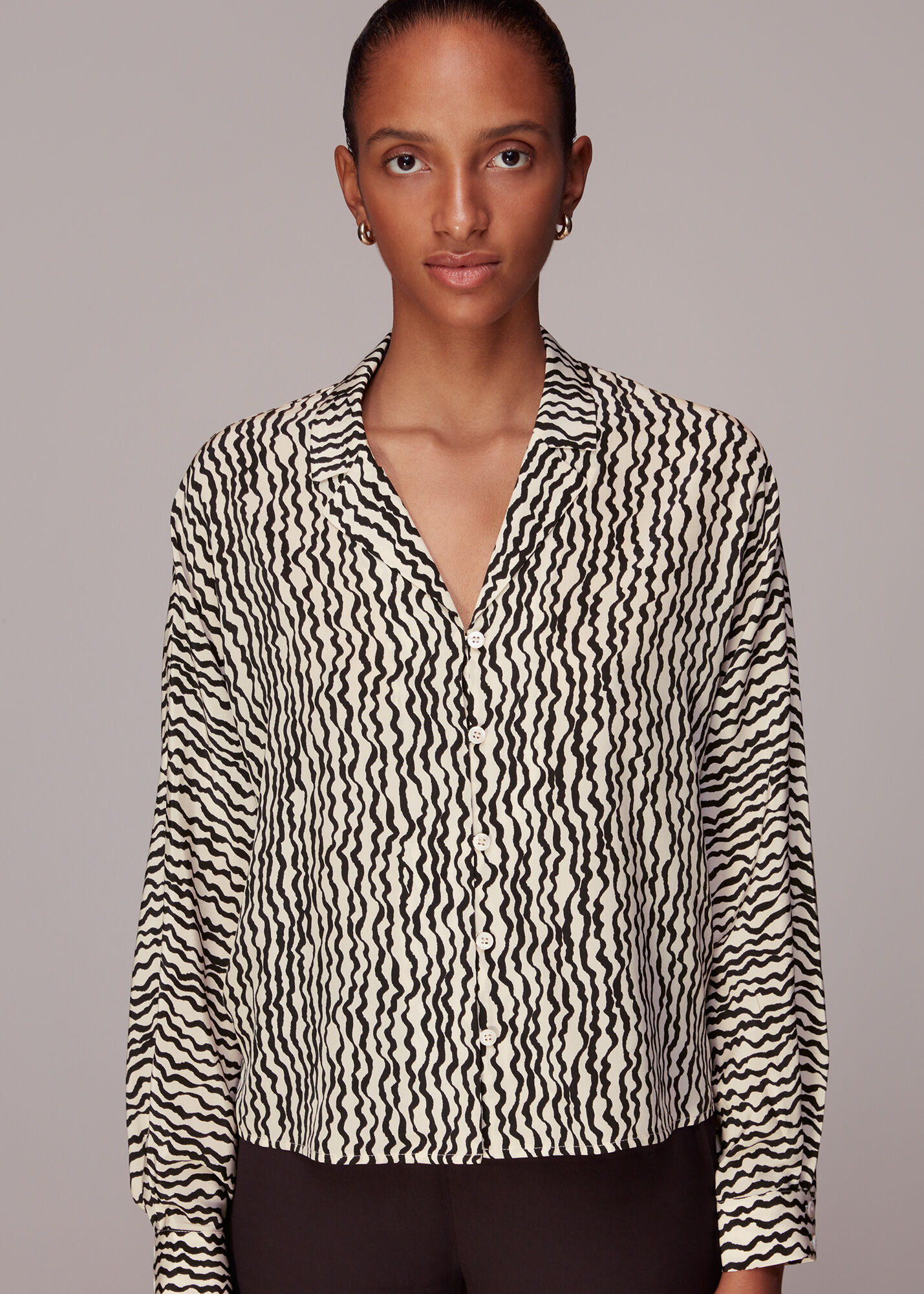 Black/White Wiggle Print Silk Shirt | WHISTLES | Whistles UK