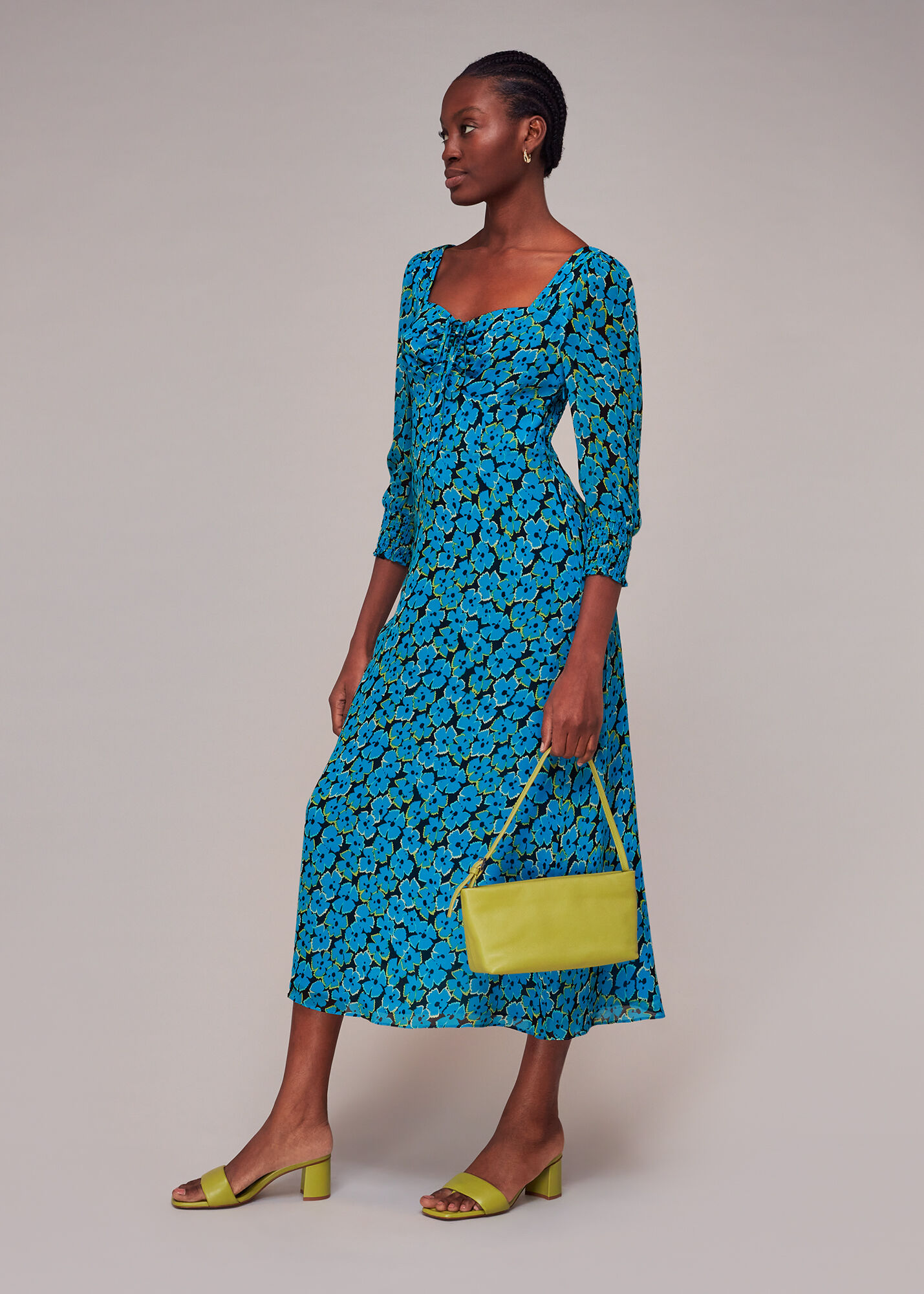 Blue/Multi Farfalle Flower Midi Dress | WHISTLES | Whistles UK