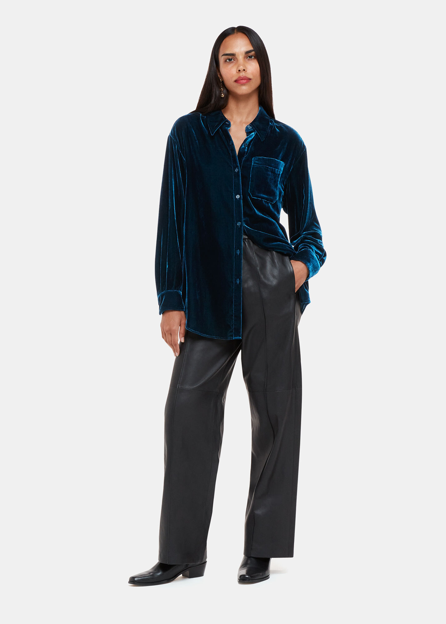 Dark Blue Velvet Oversized Shirt With Front Pocket | Whistles ...
