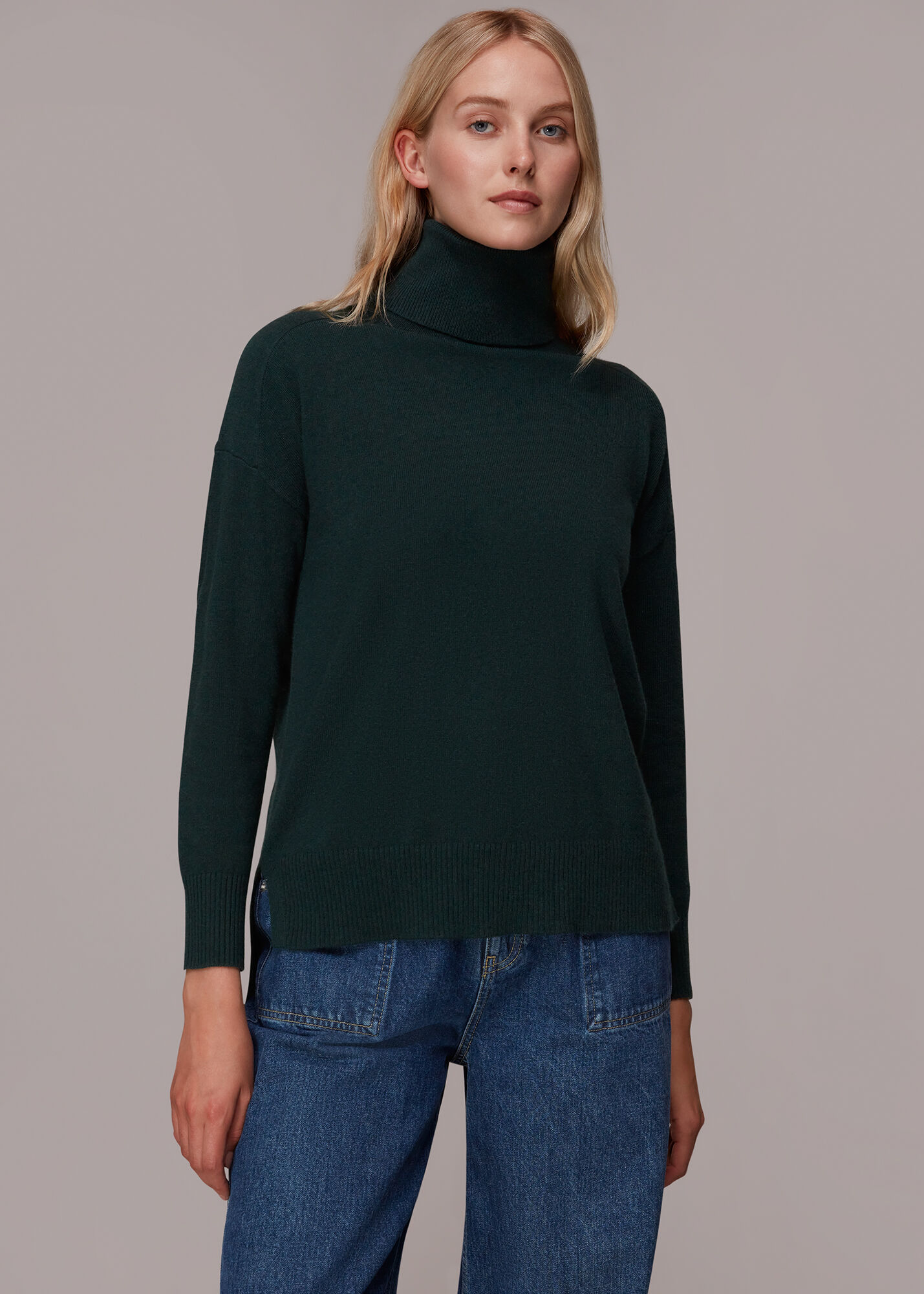 Dark Green Cashmere Roll Neck Jumper | WHISTLES | Whistles UK
