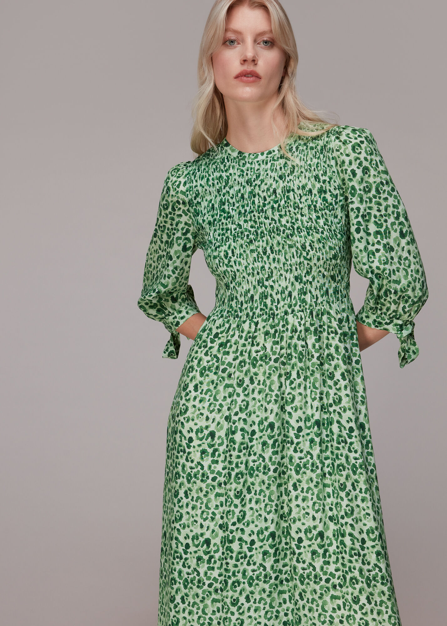 Green/Multi Cheetah Print Shirred Dress | WHISTLES | Whistles UK