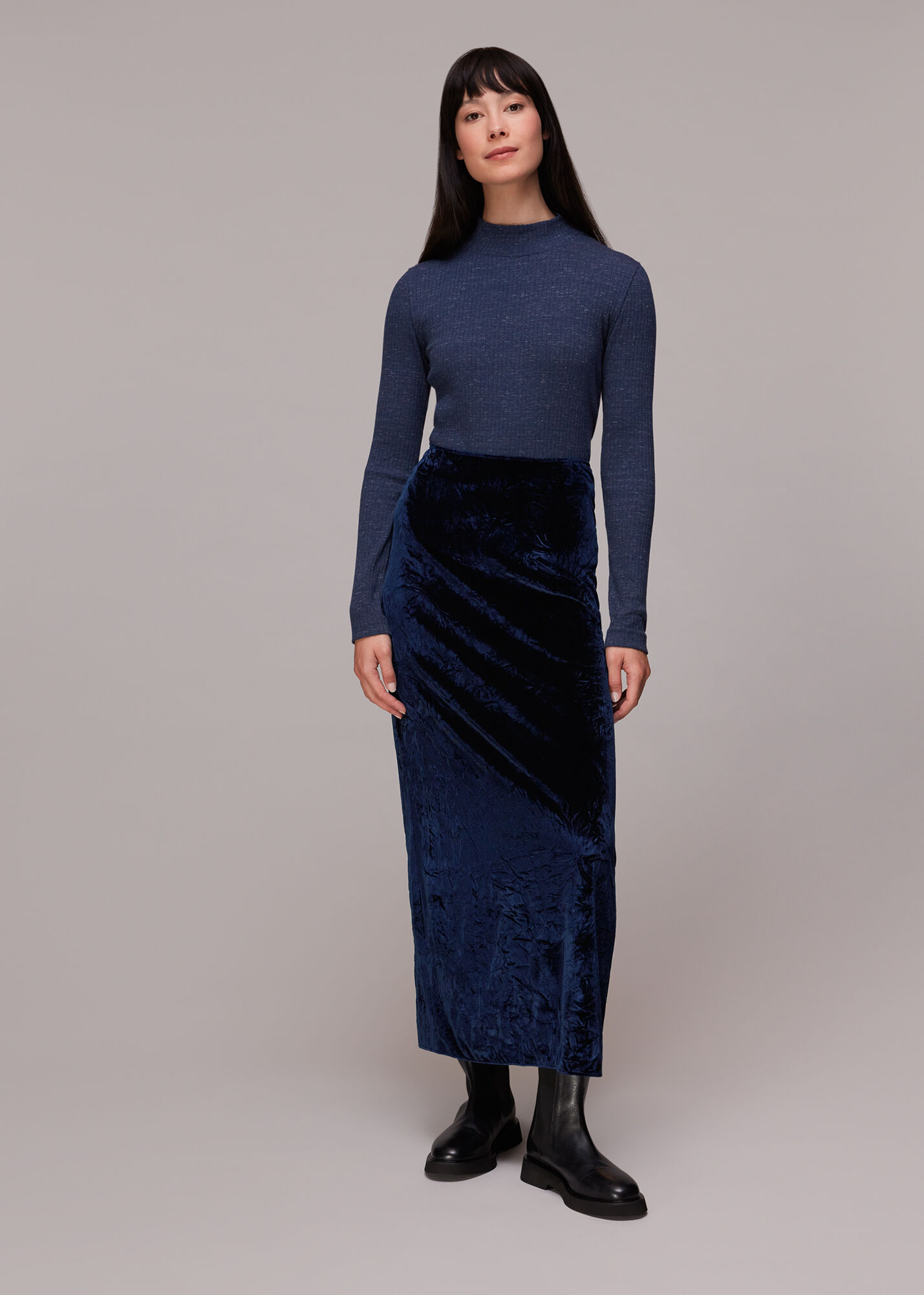 Navy Mia Crushed Velvet Skirt | WHISTLES | Whistles UK