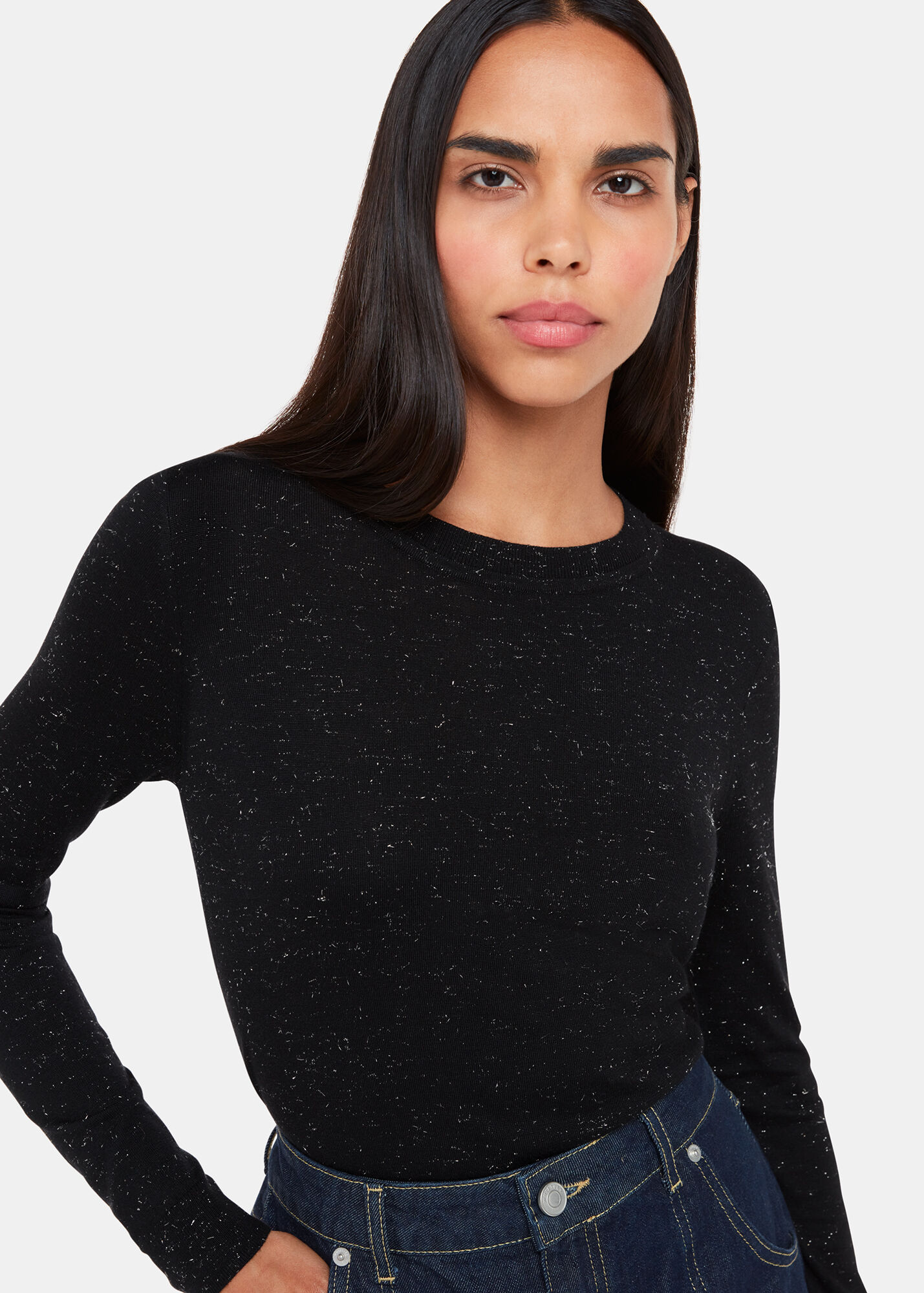 Black Sparkly Crew Neck Top with Long Sleeves | Whistles | Whistles UK