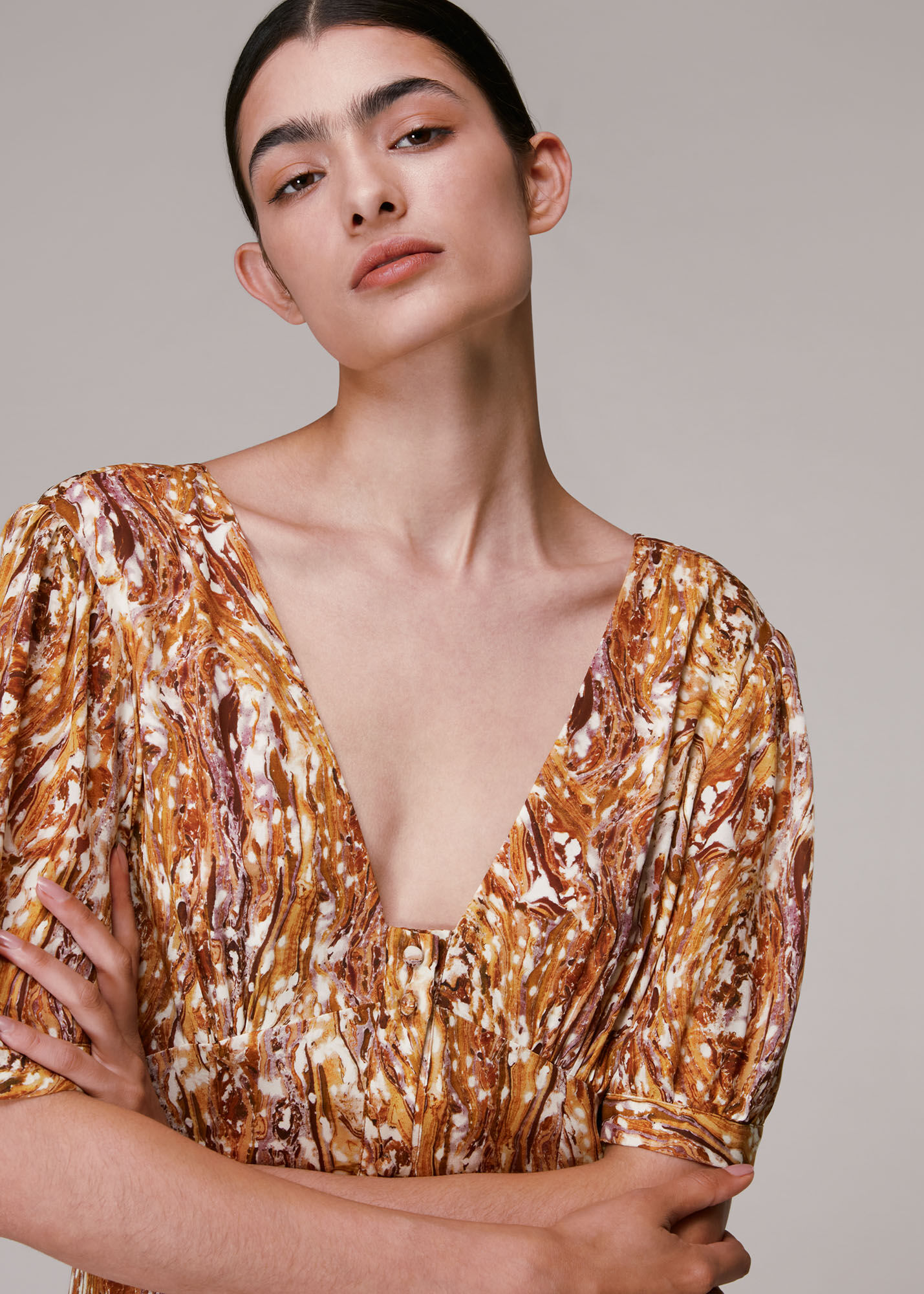 Multicolour Marble Print Silk Midi Dress | WHISTLES | Whistles UK