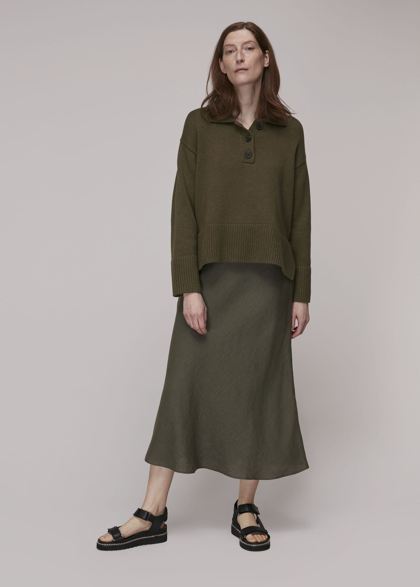 Khaki Button Front Polo Knit | WHISTLES | Whistles UK