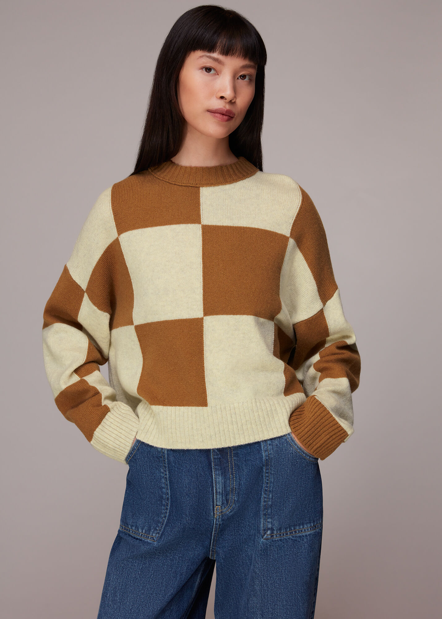 Neutral Check Wool Blend Jumper | WHISTLES | Whistles UK