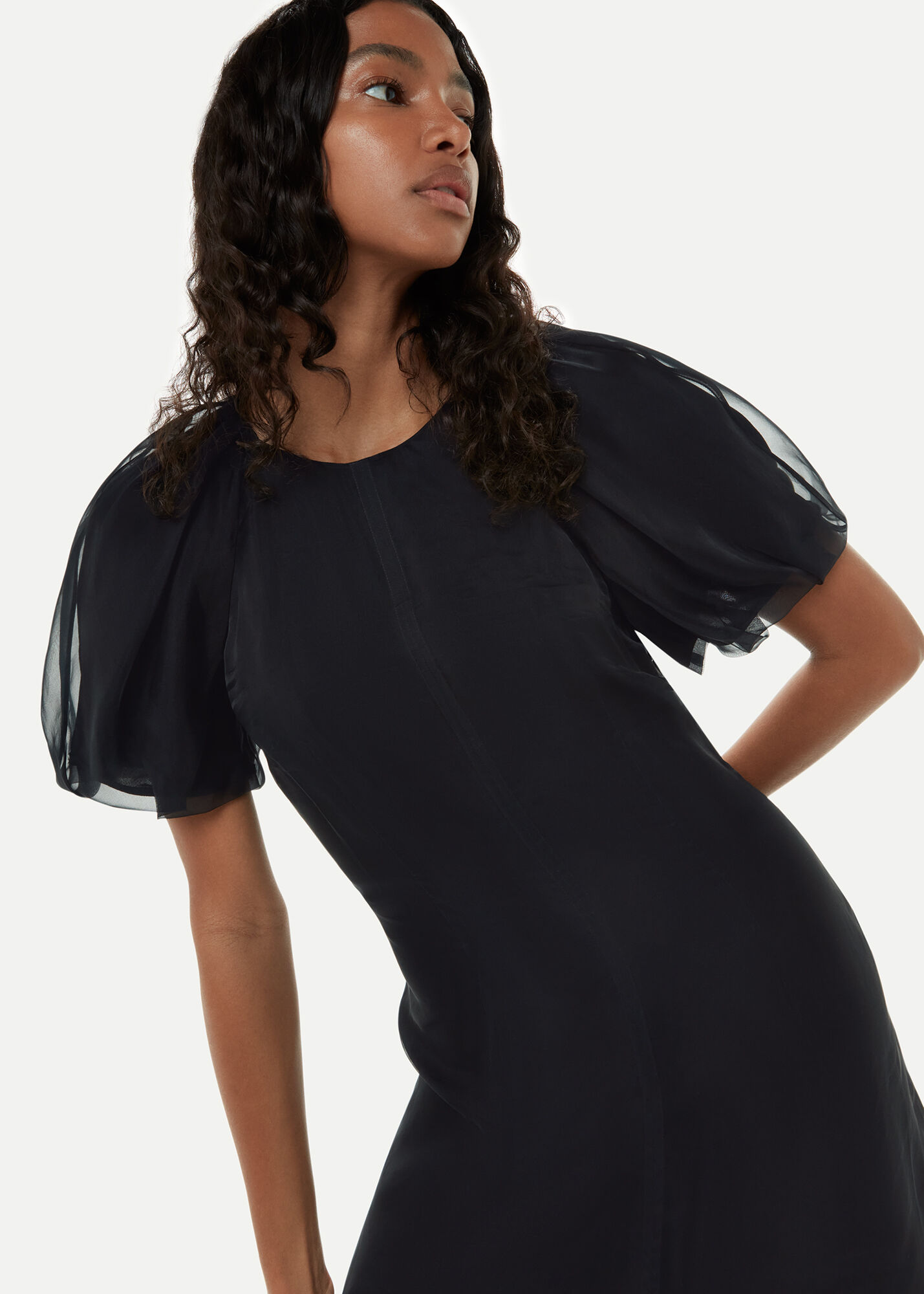 Black Organza Silk Puff Sleeve Dress | WHISTLES | Whistles UK