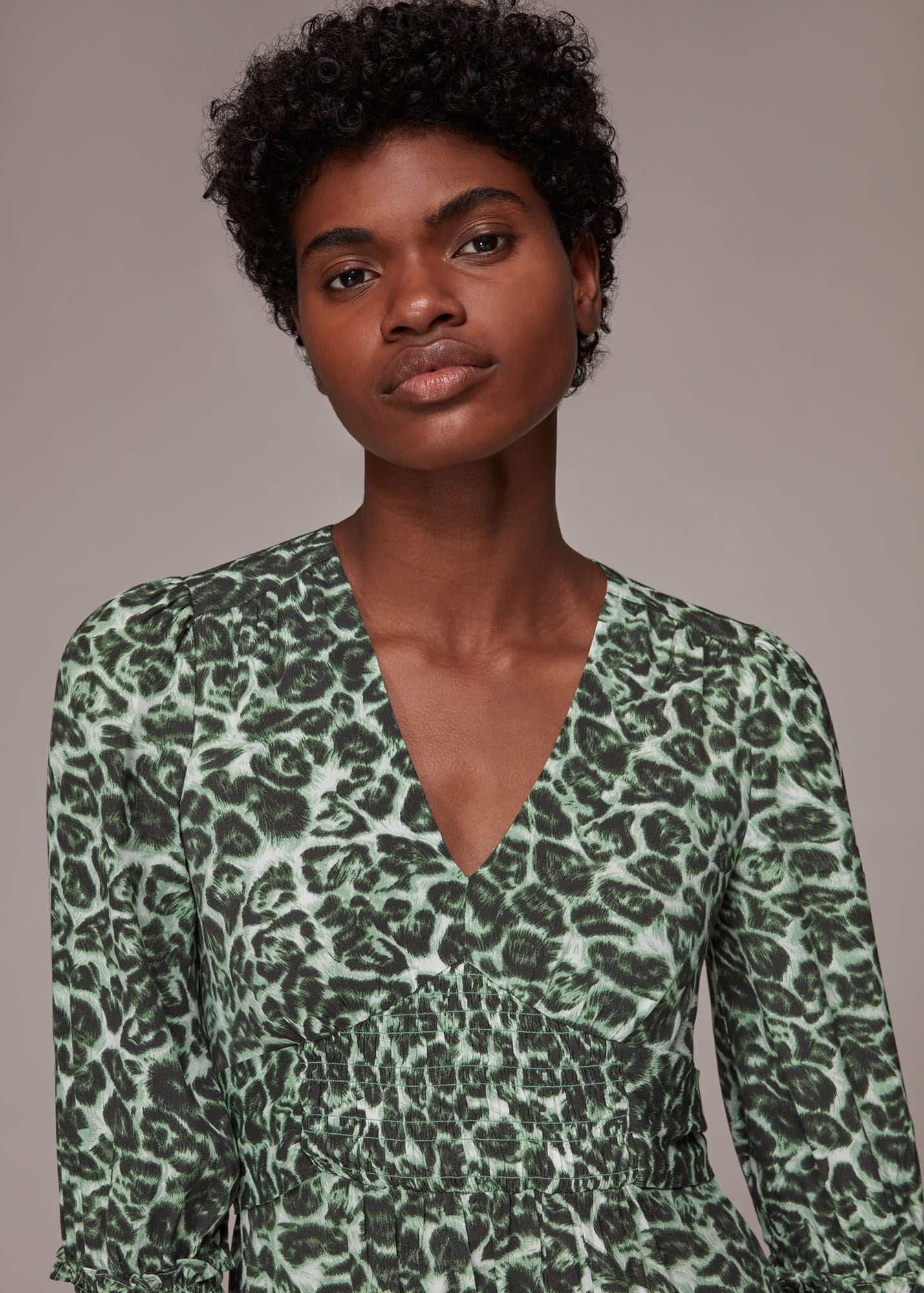 Green/Multi Clouded Leopard Shirred Dress | WHISTLES | Whistles UK