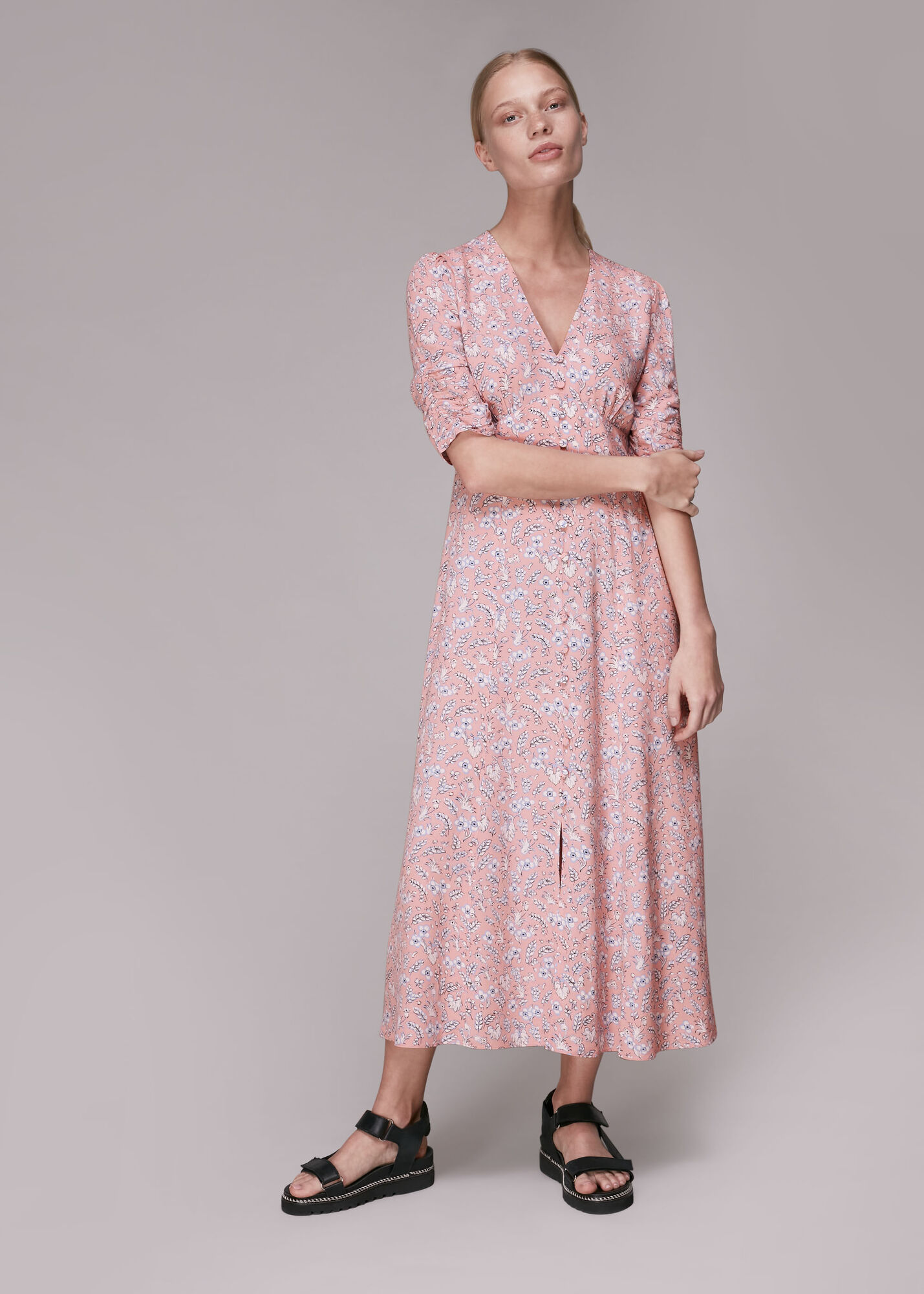 Pink/Multi Wheat Floral Midi Dress | WHISTLES | Whistles US