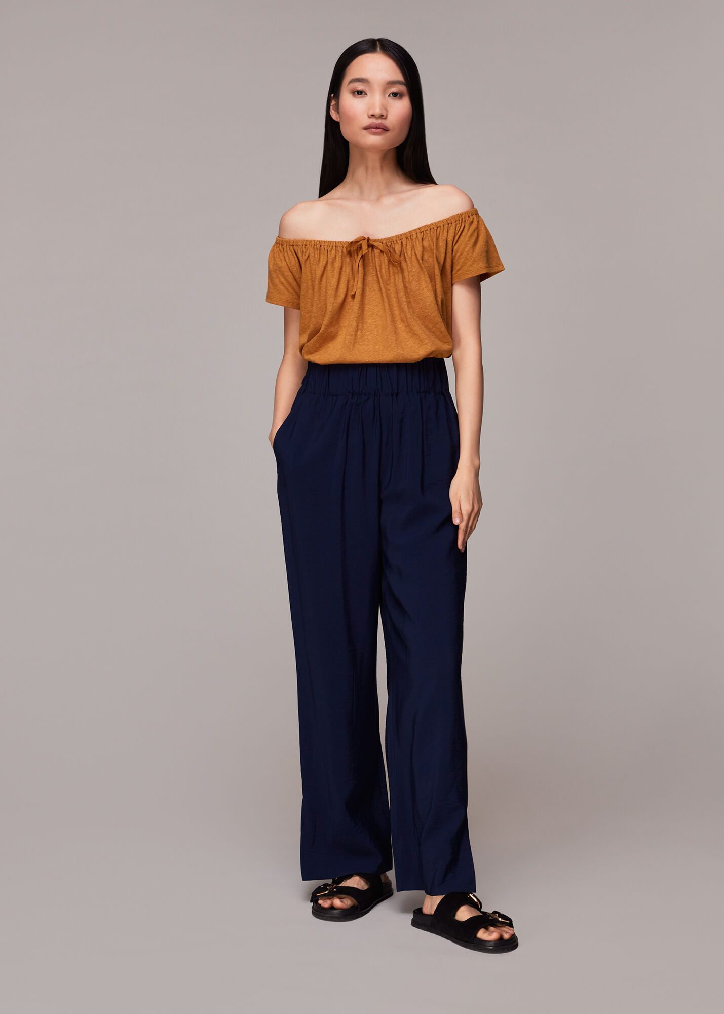 Rust Drawstring Linen Bardot Top | WHISTLES | Whistles UK
