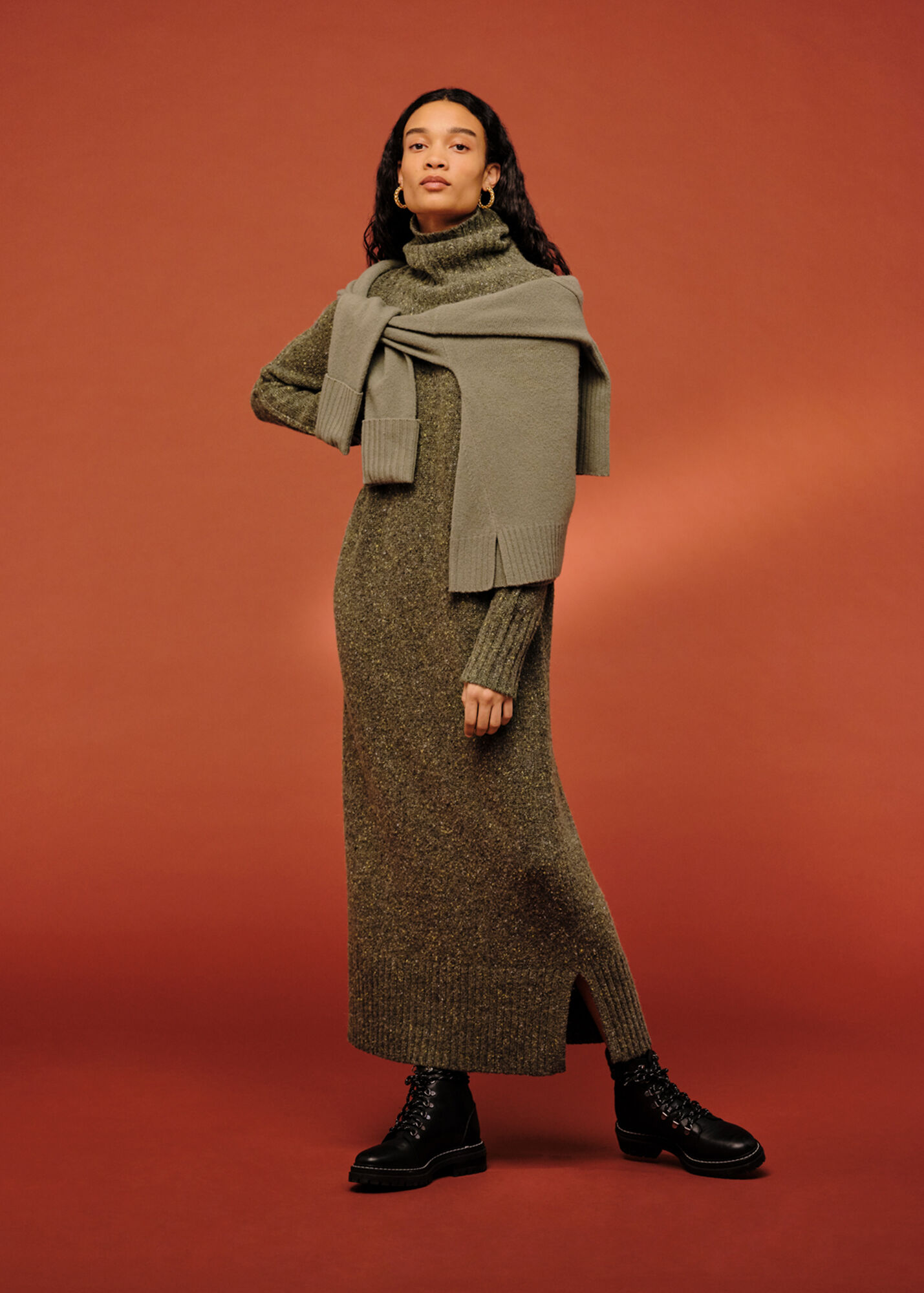 Green/Multi Flecked Wool Knit Midi Dress | WHISTLES | Whistles UK