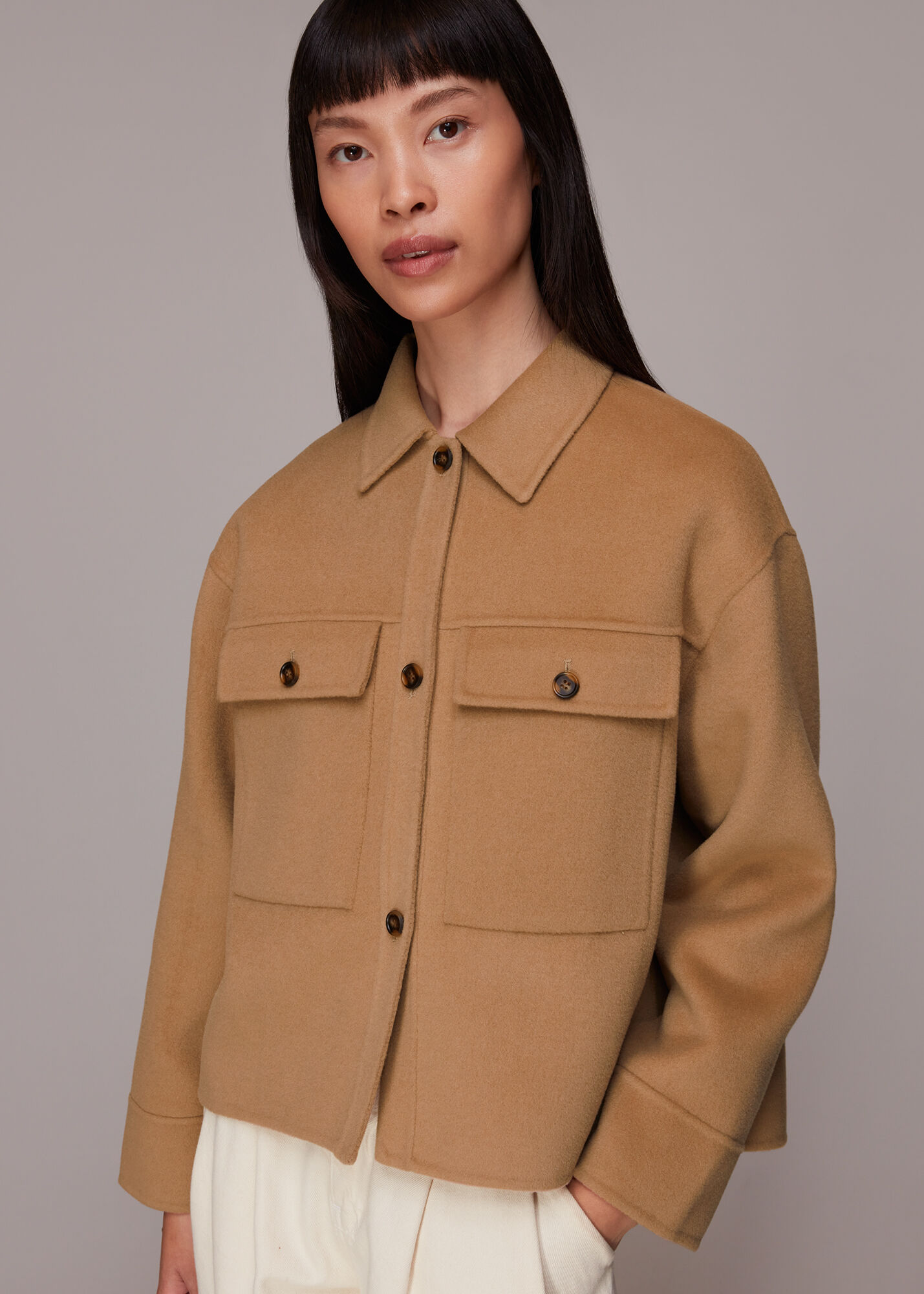 Camel Hannah Boxy Wool Overshirt | WHISTLES | Whistles ROW
