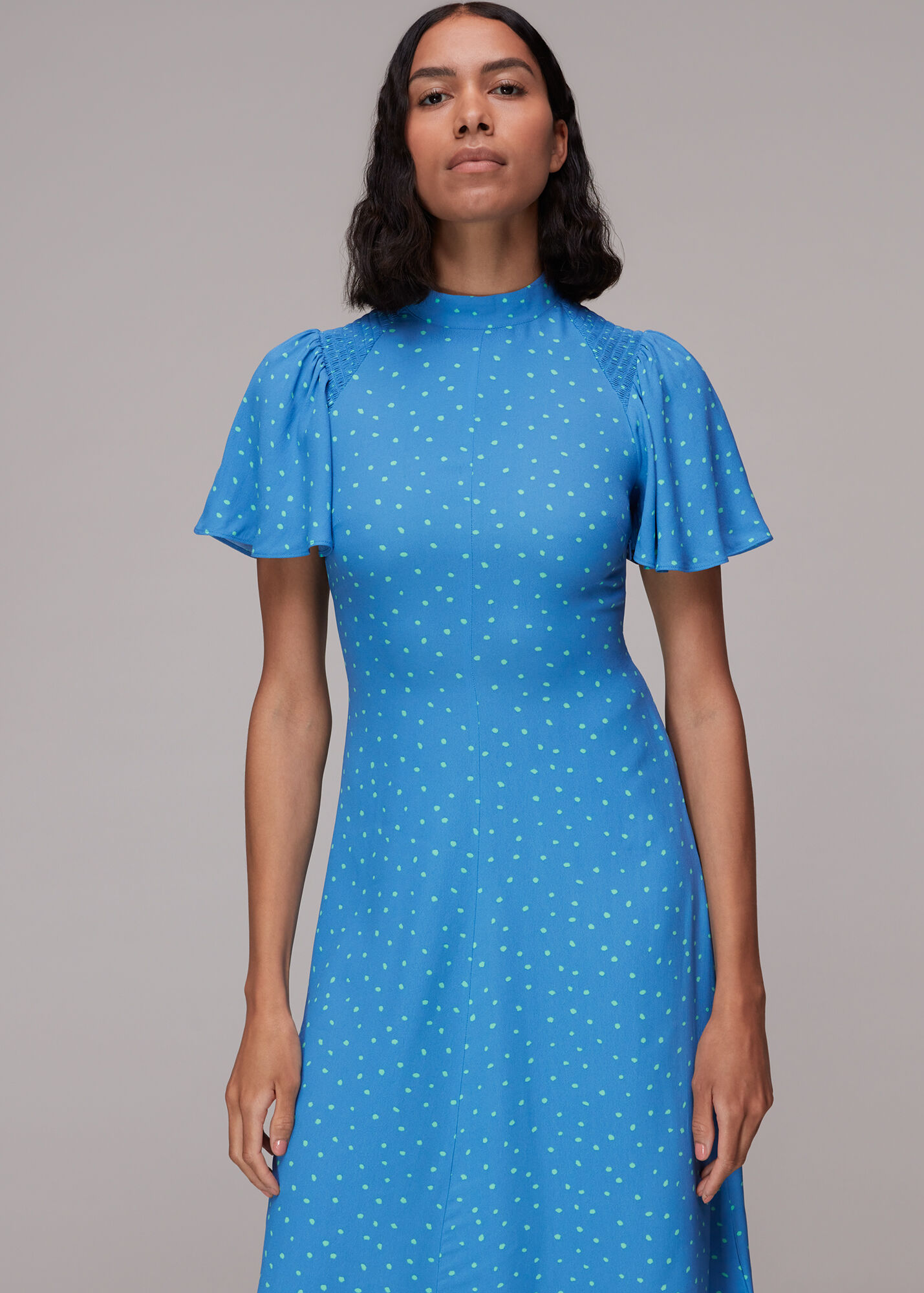 Blue/Multi Uneven Spot Print Midi Dress | WHISTLES | Whistles UK