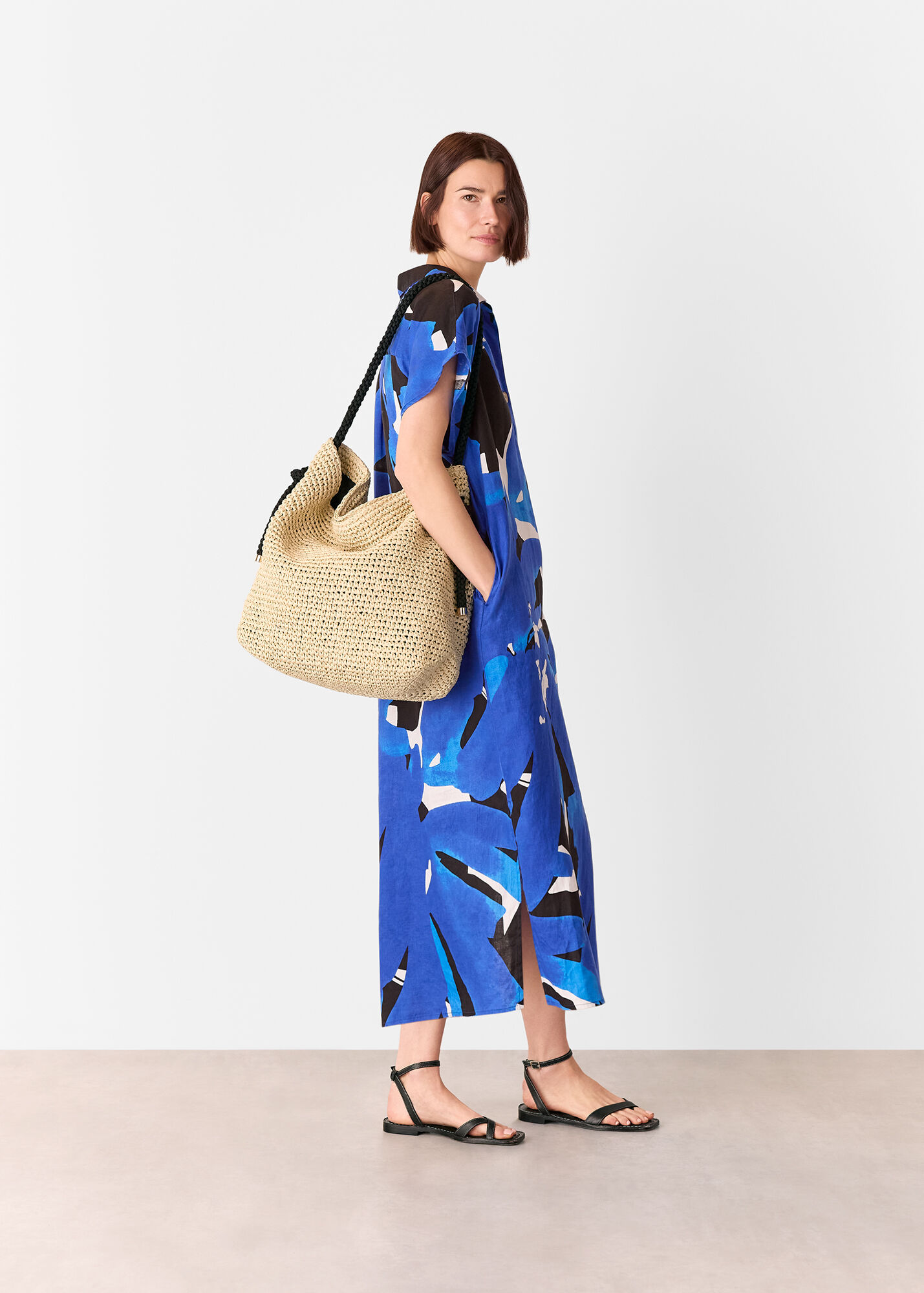 Blue/Multi Abstract Blooms Linen Dress | WHISTLES | Whistles US