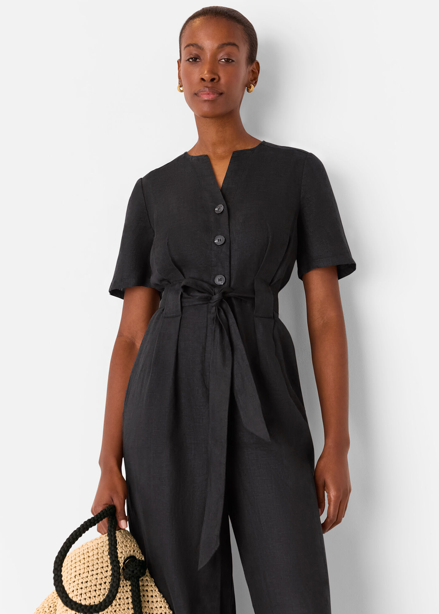 Black Fiona Linen Button Jumpsuit | WHISTLES | Whistles UK