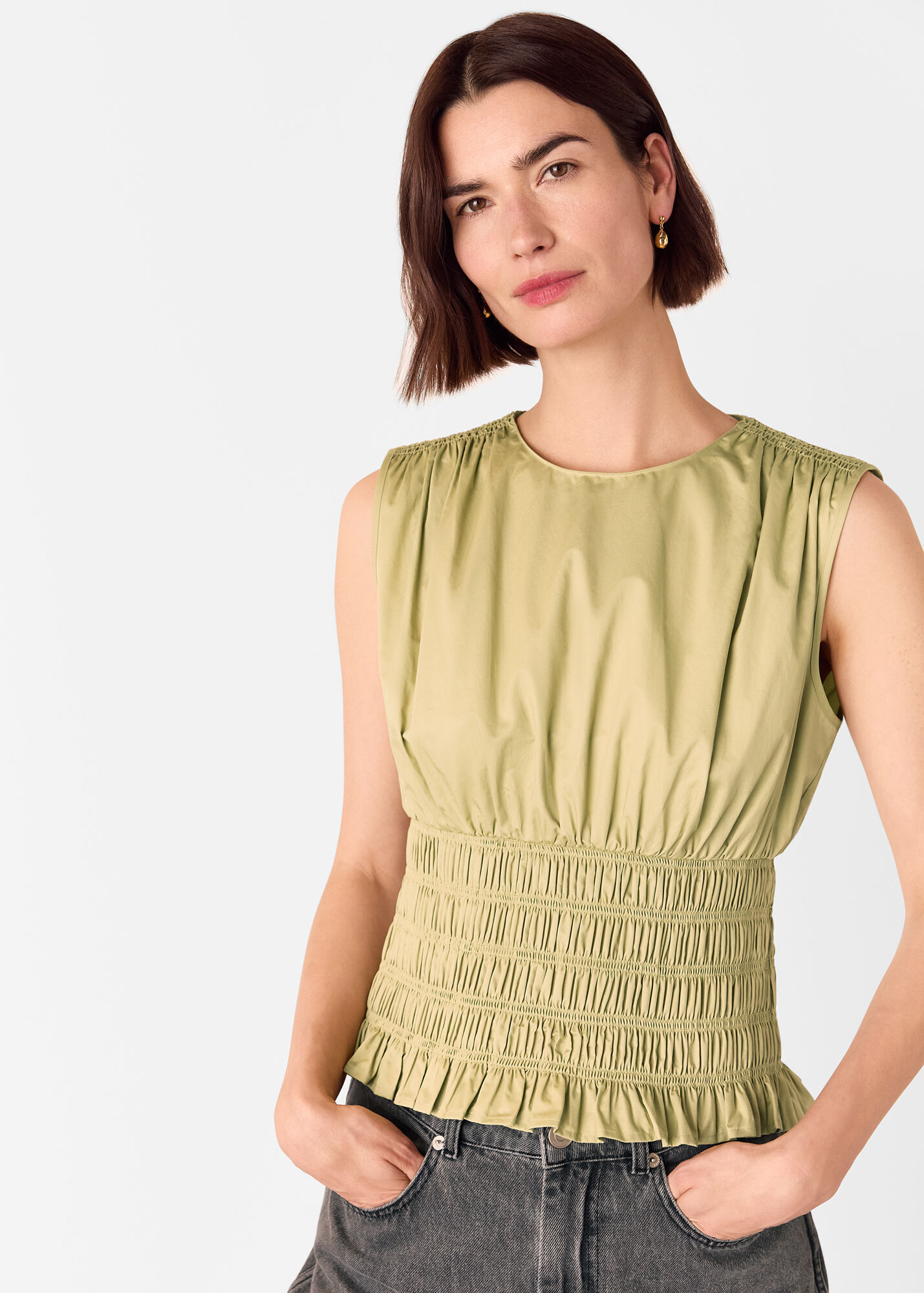 Olive Cotton Shirred Tank | WHISTLES | Whistles UK