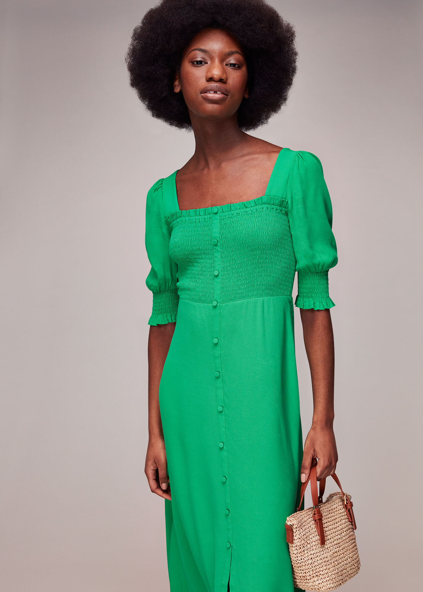 Green Luna Shirred Bodice Midi Dress | WHISTLES | Whistles UK