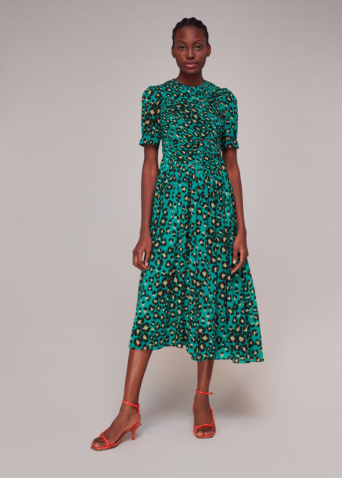 Green/Multi Painted Leopard Shirred Dress | WHISTLES | Whistles AU