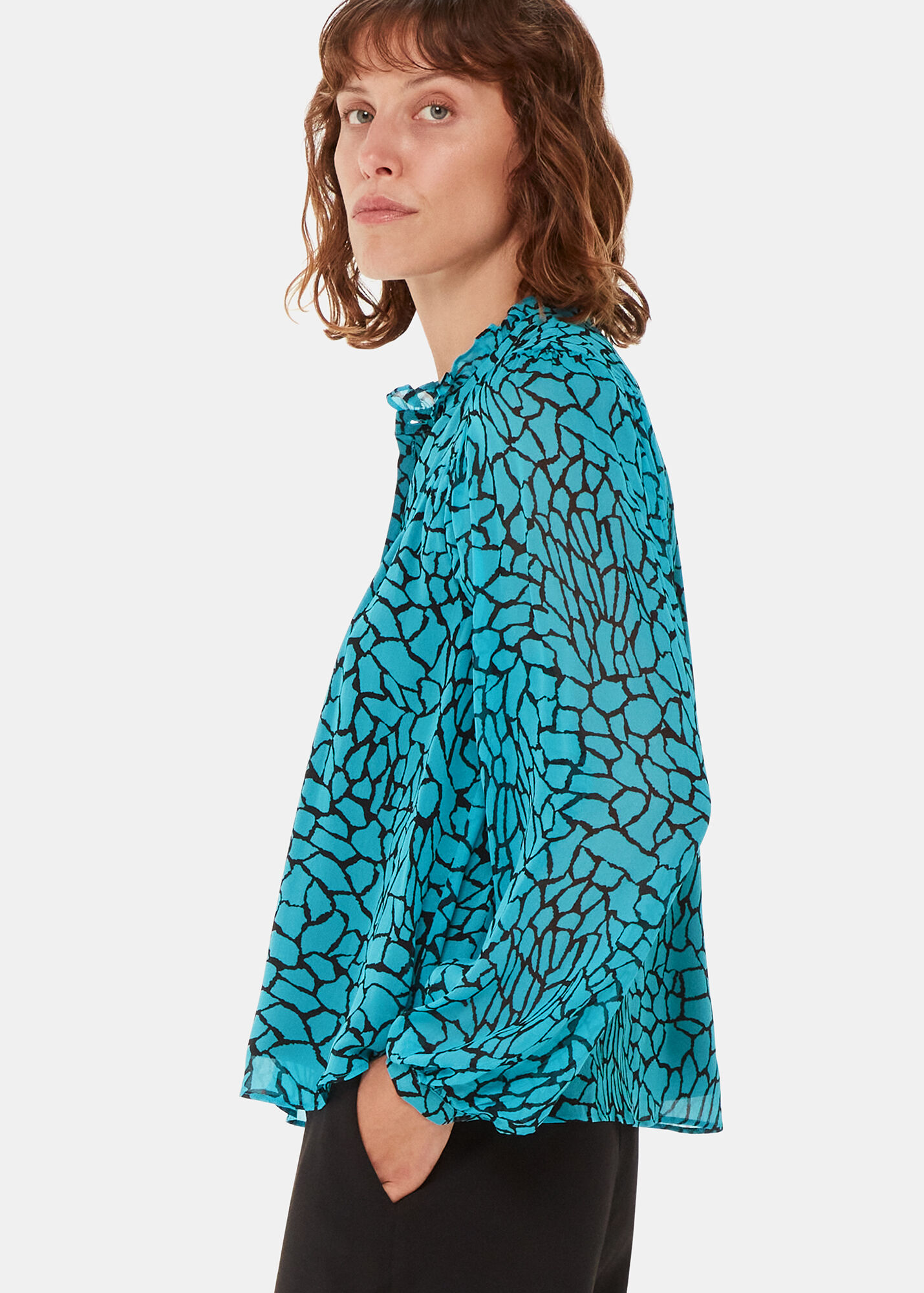 Whistles Bright Blue Abstract Print Blouse | Ruffled Neck | Whistles UK