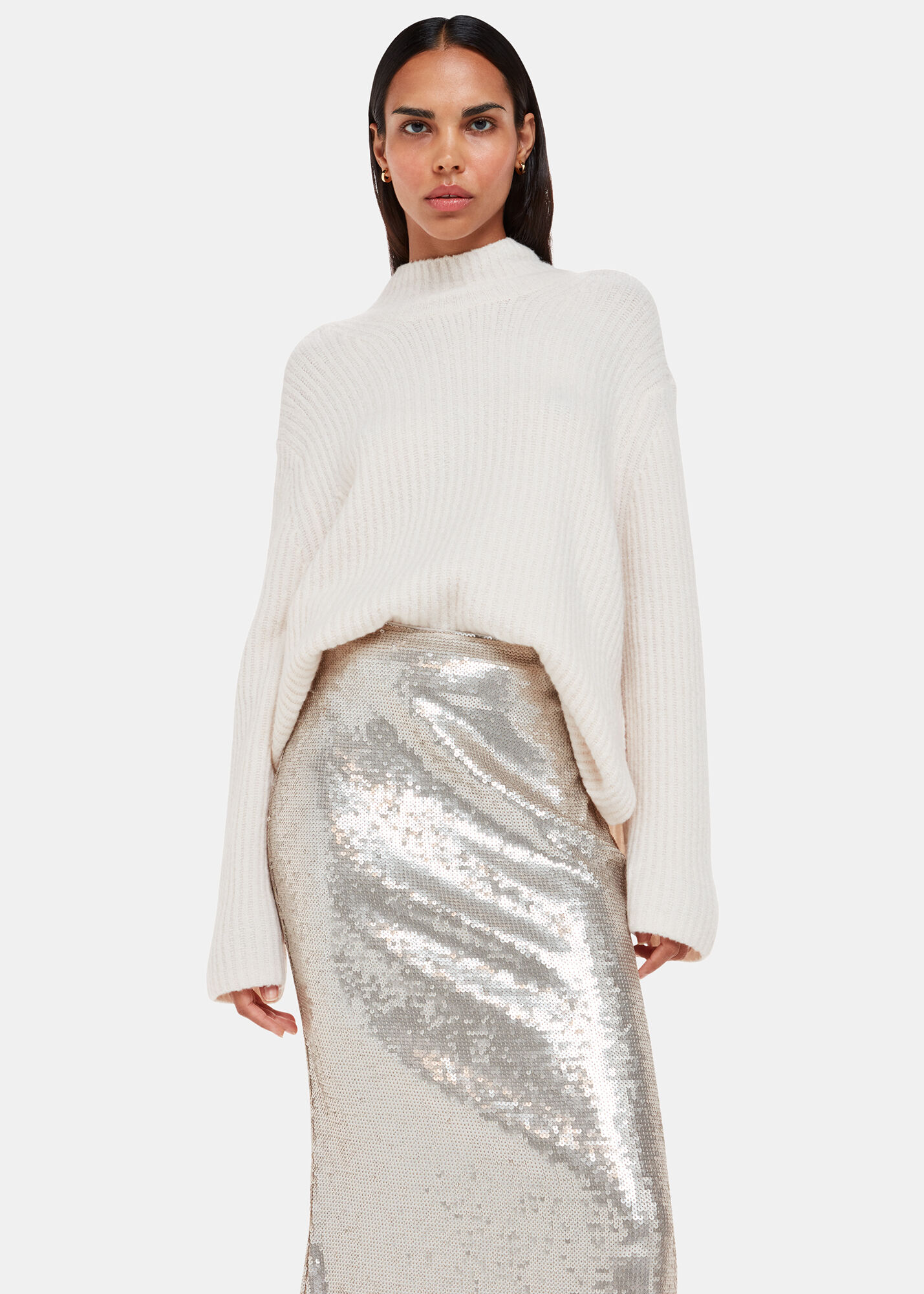 Silver Sequin Midi Skirt With Zip Whistles Whistles Uk
