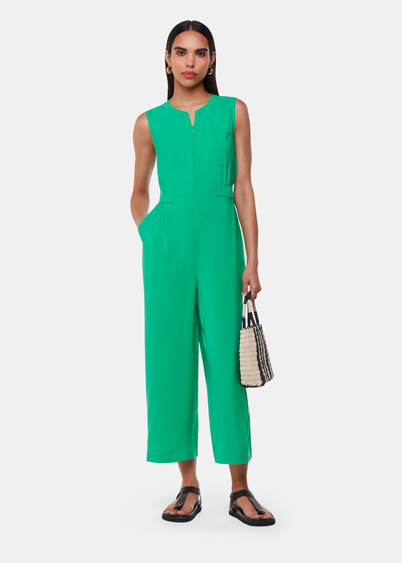 Green Josie Zip Front Jumpsuit | WHISTLES | Whistles UK