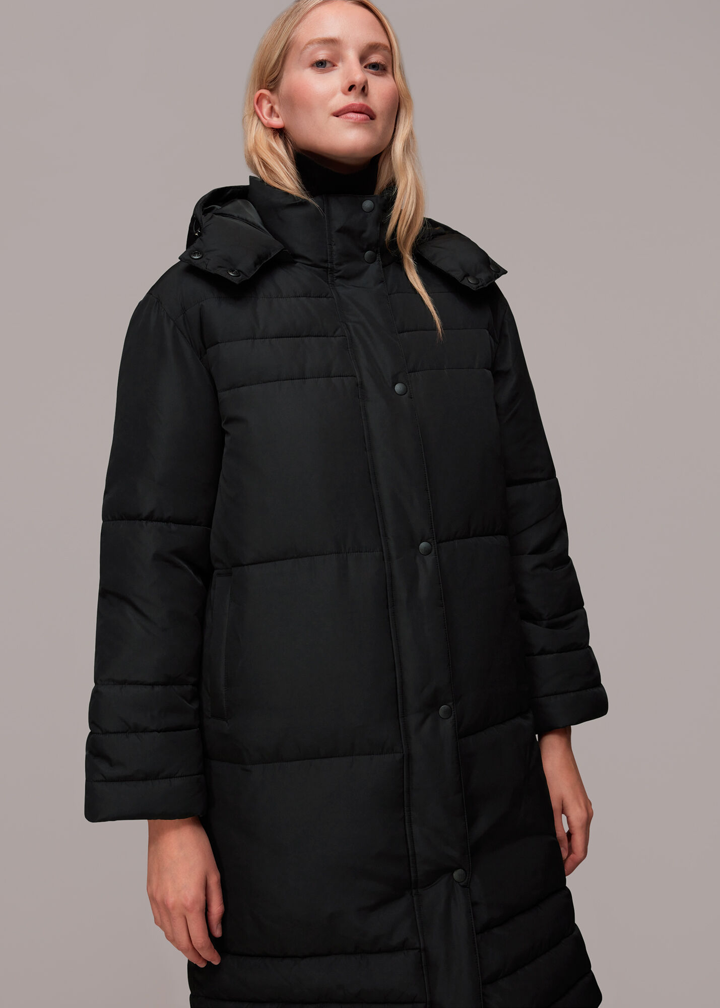 Black Longline Hooded Puffer Coat | Whistles | Whistles UK