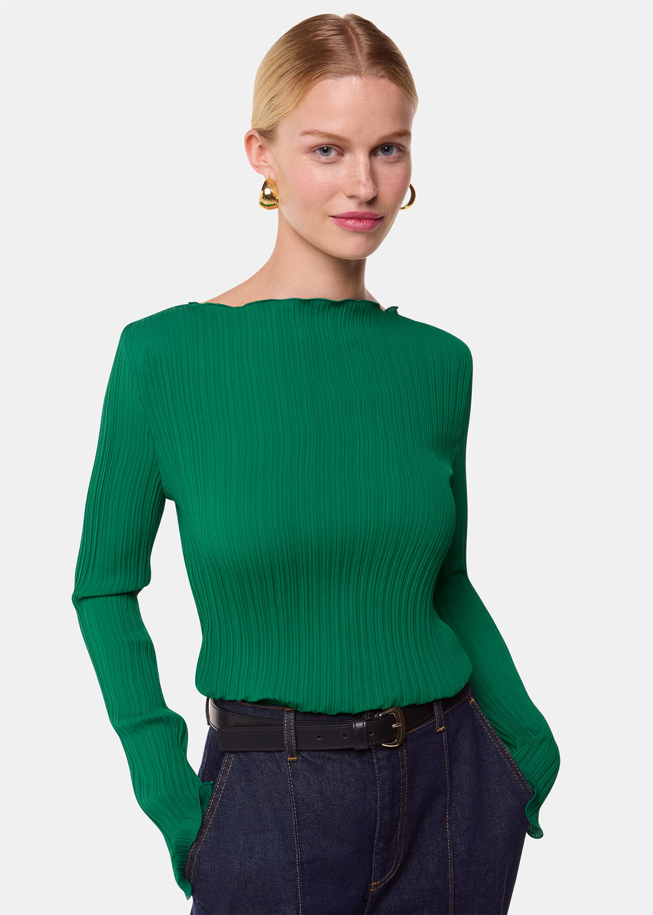 Green Elsa Plisse Top | WHISTLES | Whistles ROW