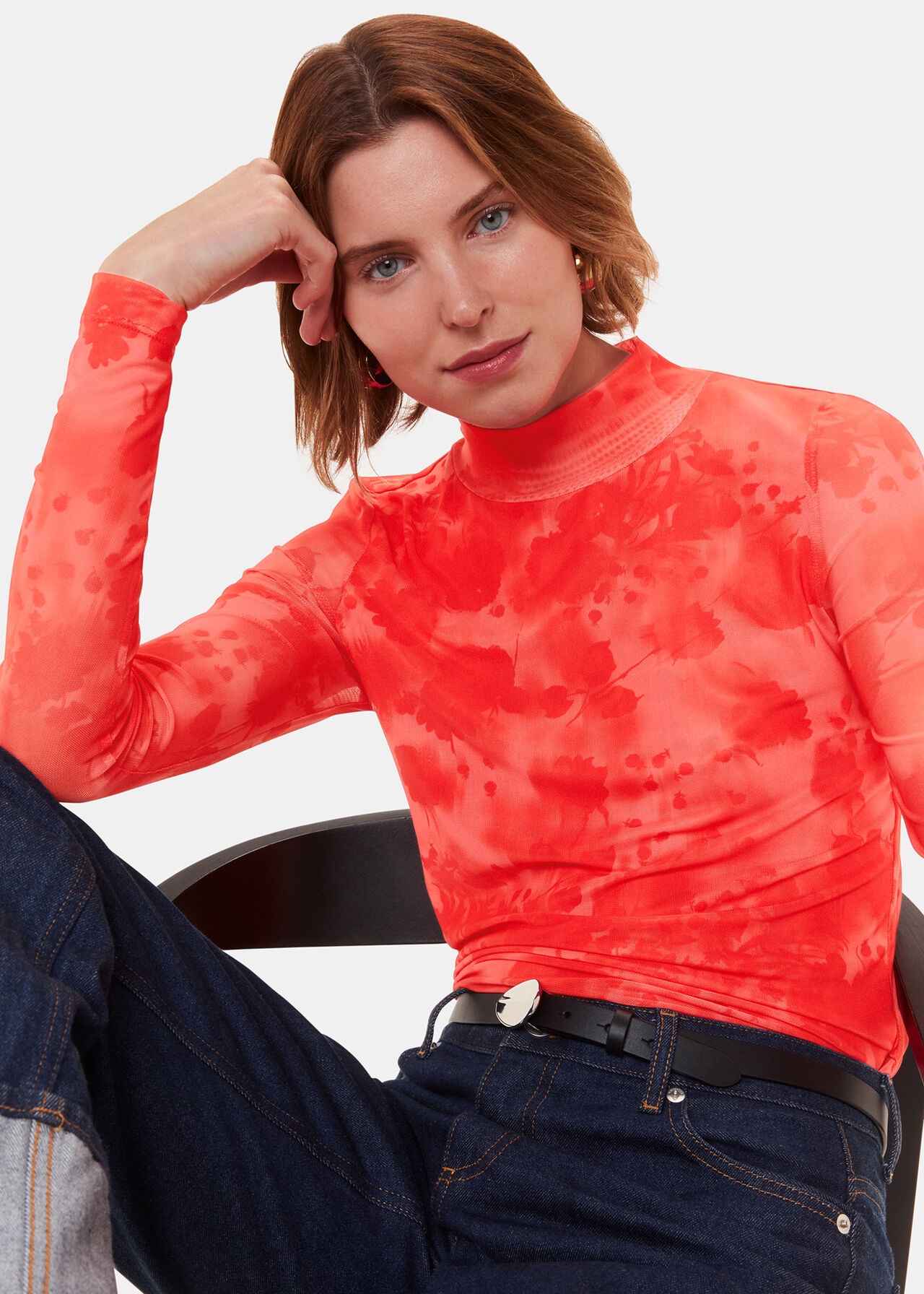 Red/Multi Blurred Blooms Mesh Top | WHISTLES | Whistles US