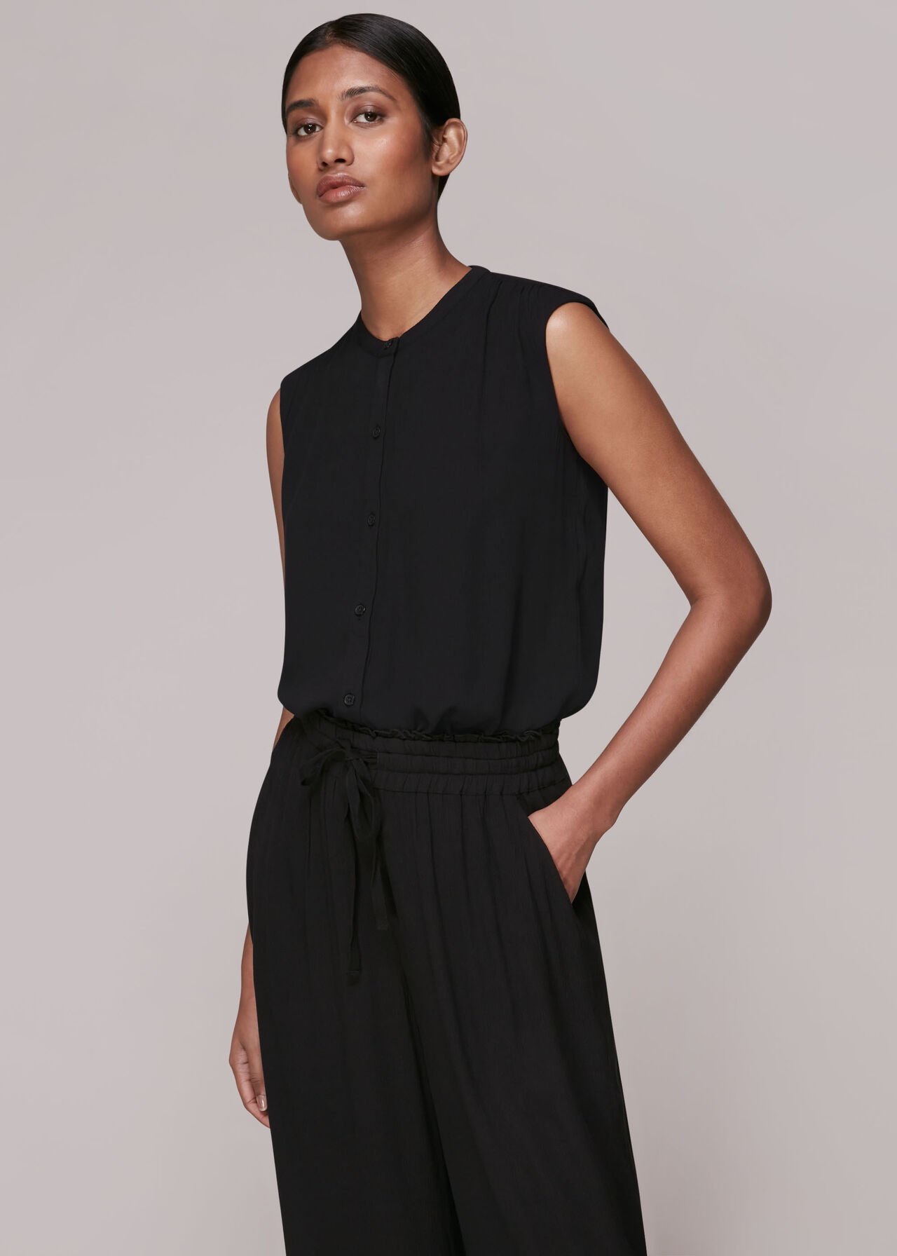 Black Crinkle Button Front Tank Top | WHISTLES